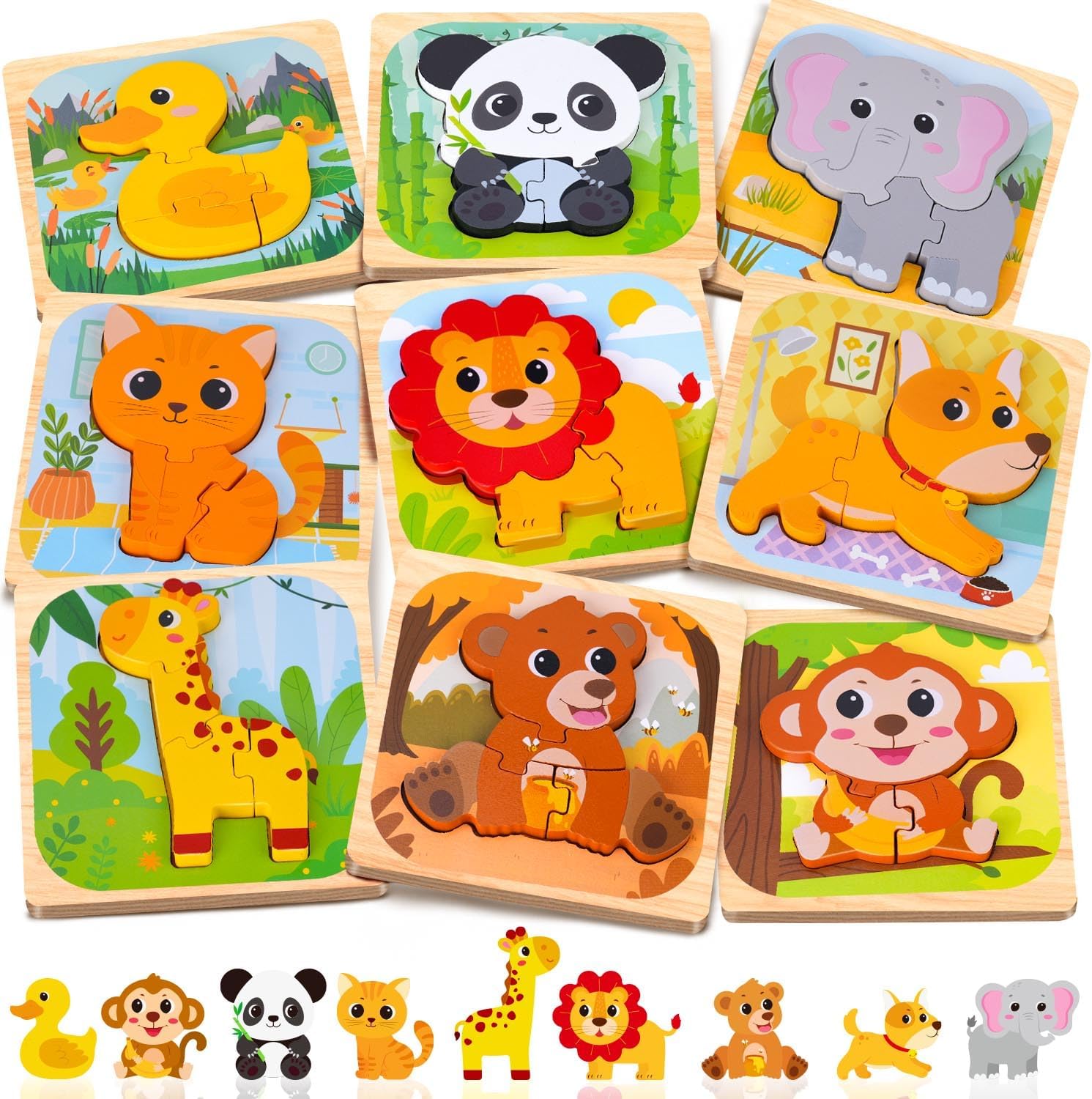 Amazon.com: AuntyFey Wooden Puzzle for 1-3 Year Olds, 9 Pcs Baby Animal ...