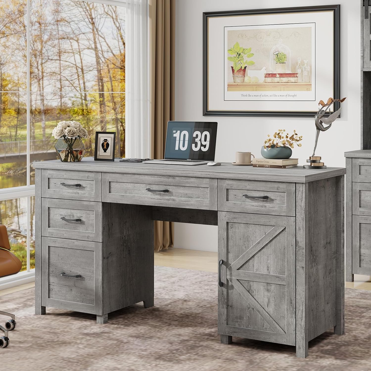Amazon.com: Farmhouse 61'' Executive Desk with 5 Drawers, Rustic Office ...