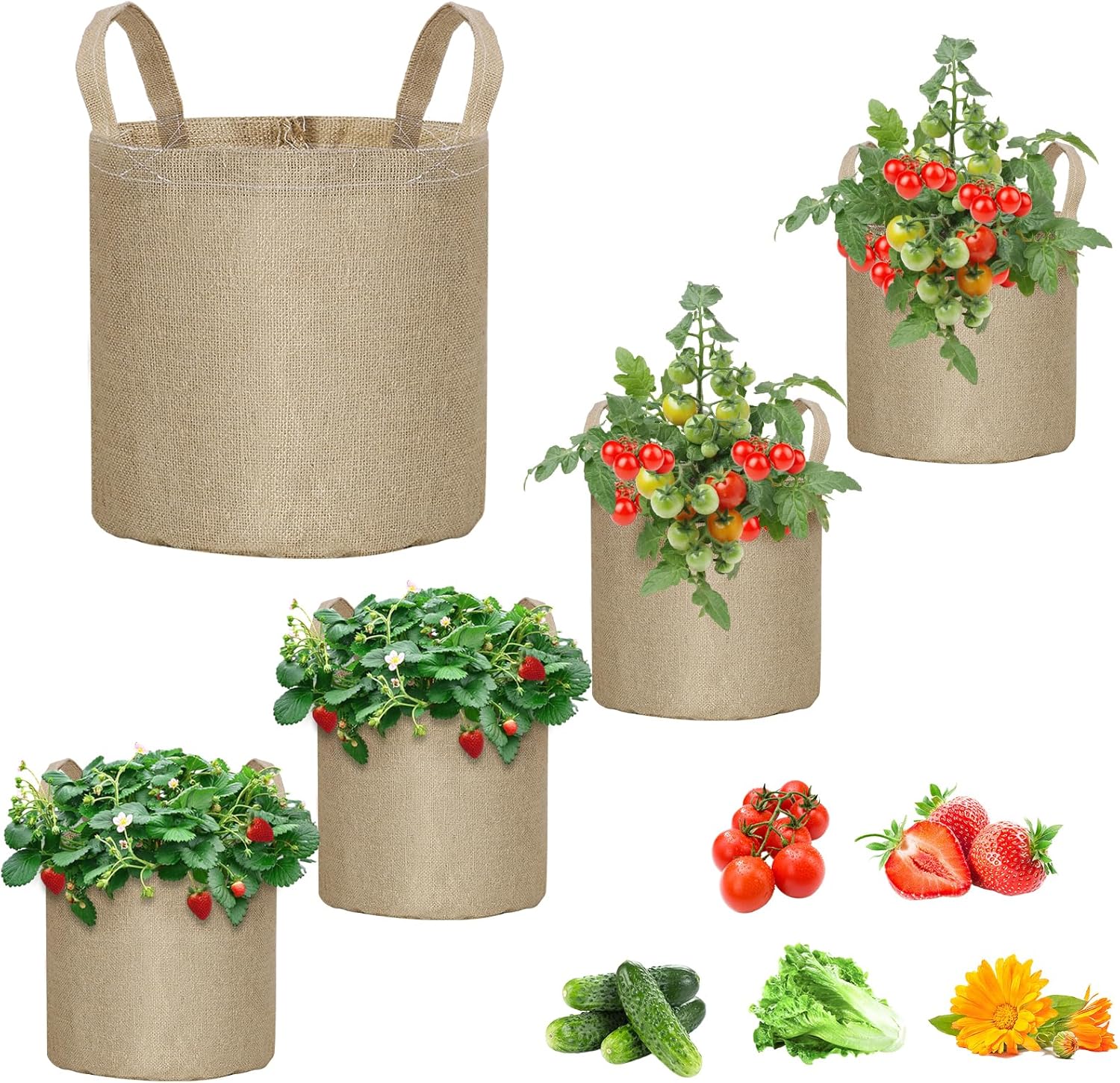 ANPHSIN 5 Pack Natural Burlap Grow Bags, 3 Gallon Breathable Jute ...