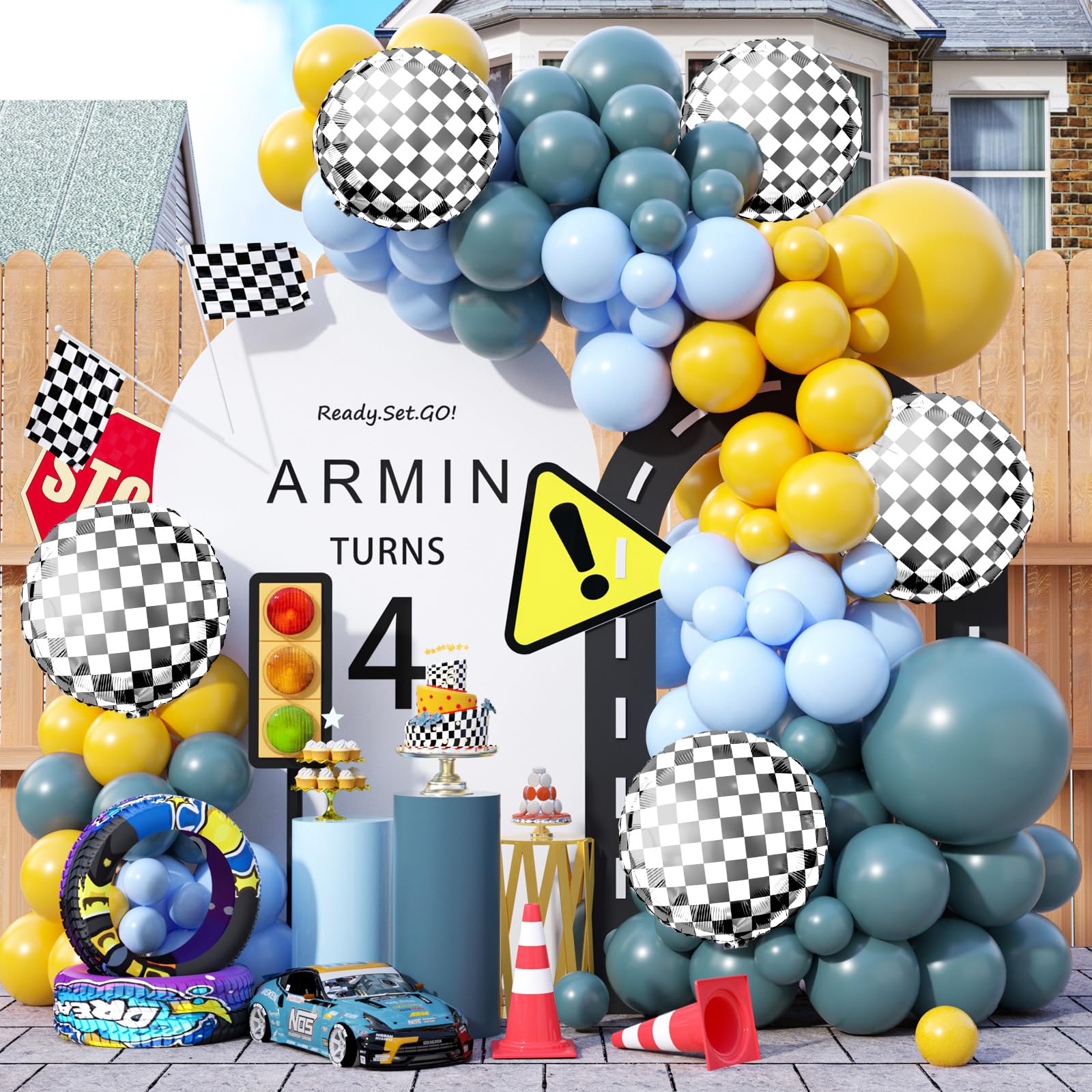 Amazon.com: Race Car Balloons Garland Arch Kit, Retro Yellow Blue ...