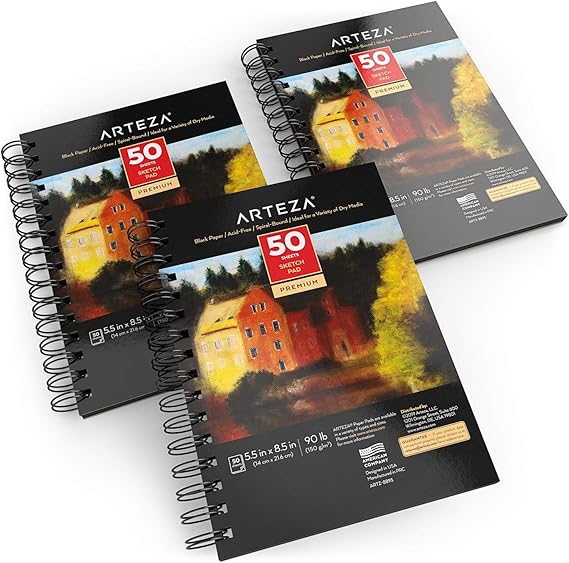 Amazon.com: ARTEZA Spiral Sketch Book 5.5x8.5 Black Art Paper Drawing Pad 3 Pack 50 Sheets ...