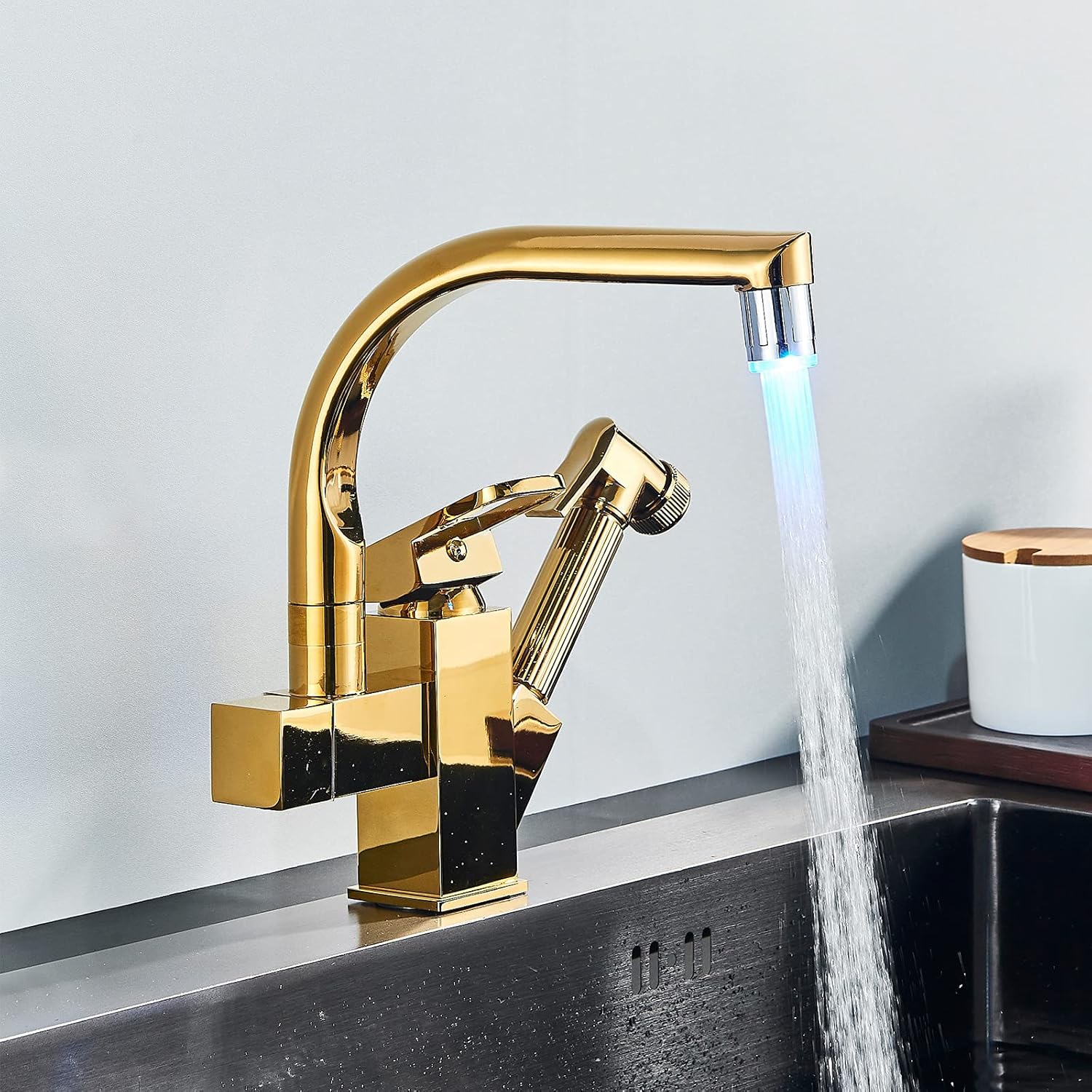 Rozin Gold LED Kitchen Tap 360 Swivel Spout Single Handle Pull Out Hand ...