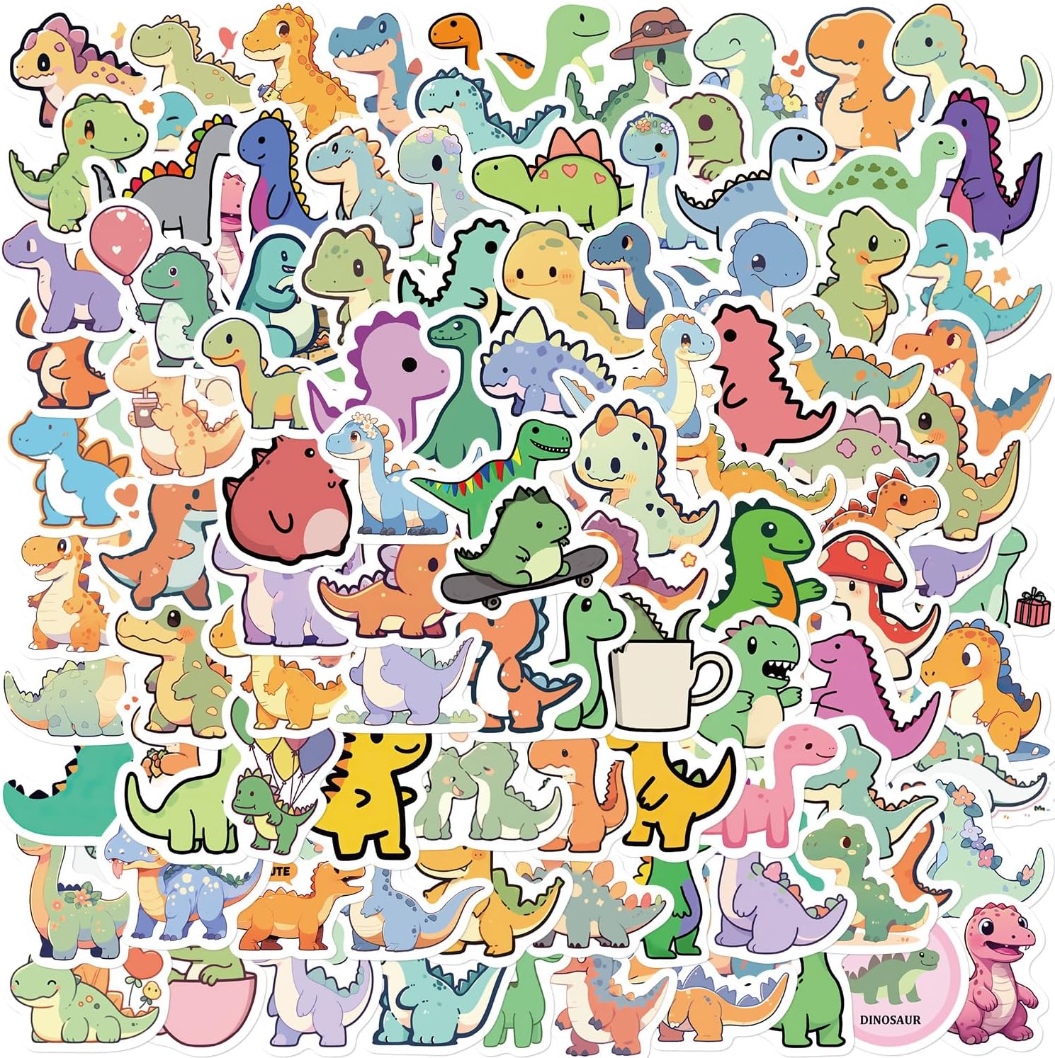 100PCS Dinosaur Stickers, 100pcs Kawaii Vinyl Dino Stickers, T-Rex ...