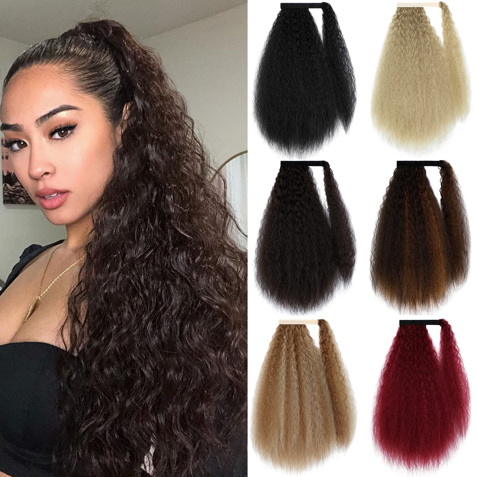 Buy 22" Ponytail Extension Kinky Curly Puff Pony Tails Wrap Around Long ...