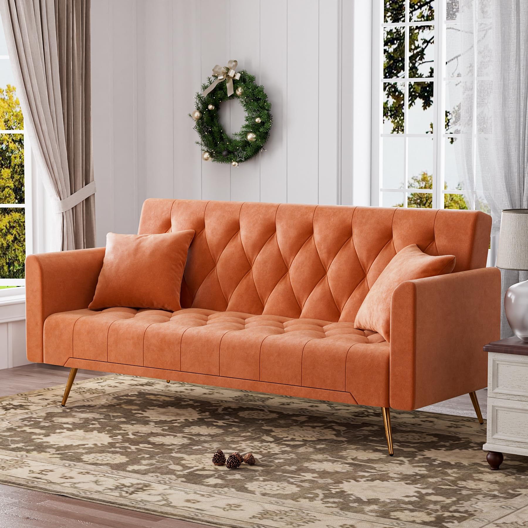 Amazon.com: OUYESSIR Velvet Futon Sofa Bed with 2 Pillows, Convertible ...