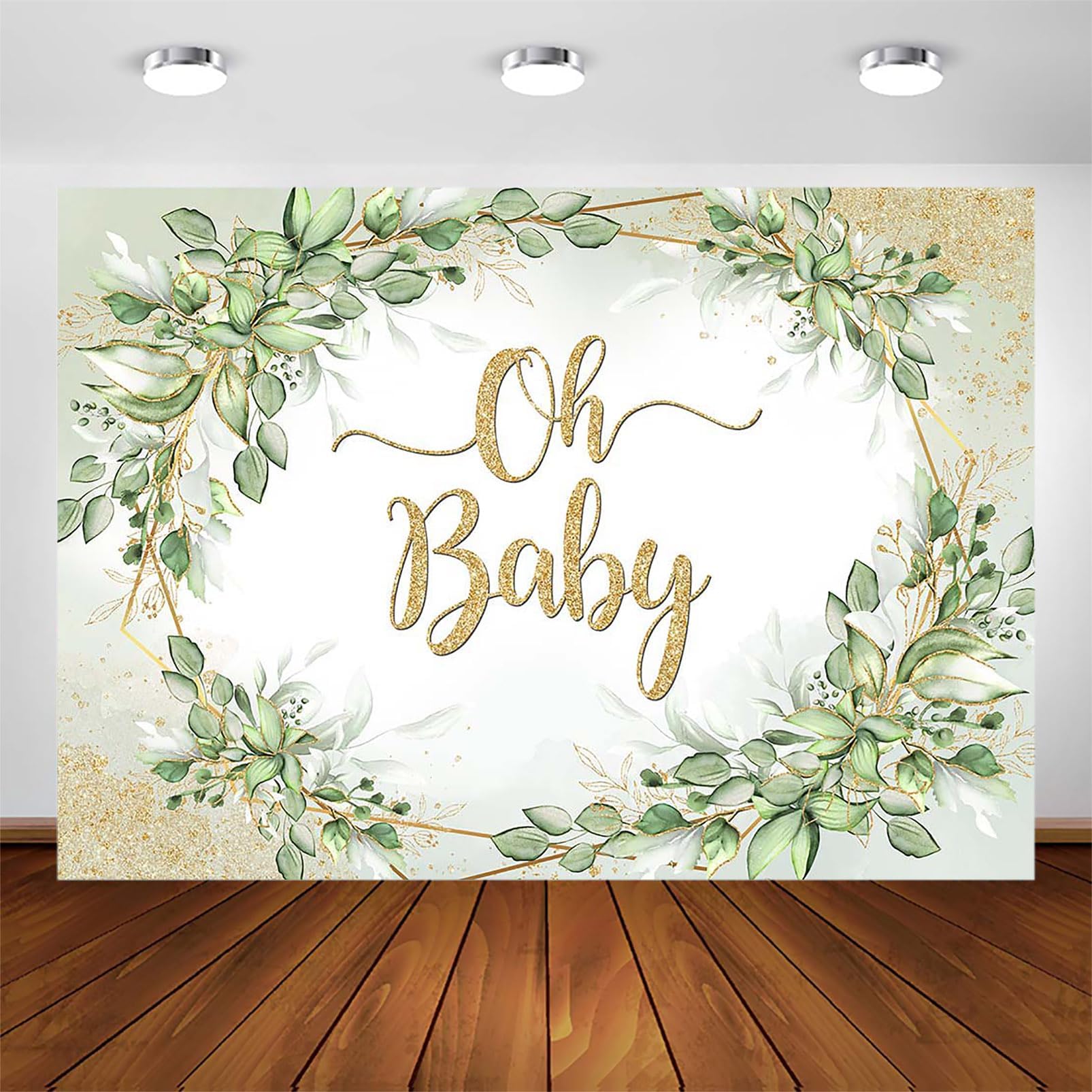 Amazon.com : Avezano Sage Green Baby Shower Backdrop Gold Oh Baby ...
