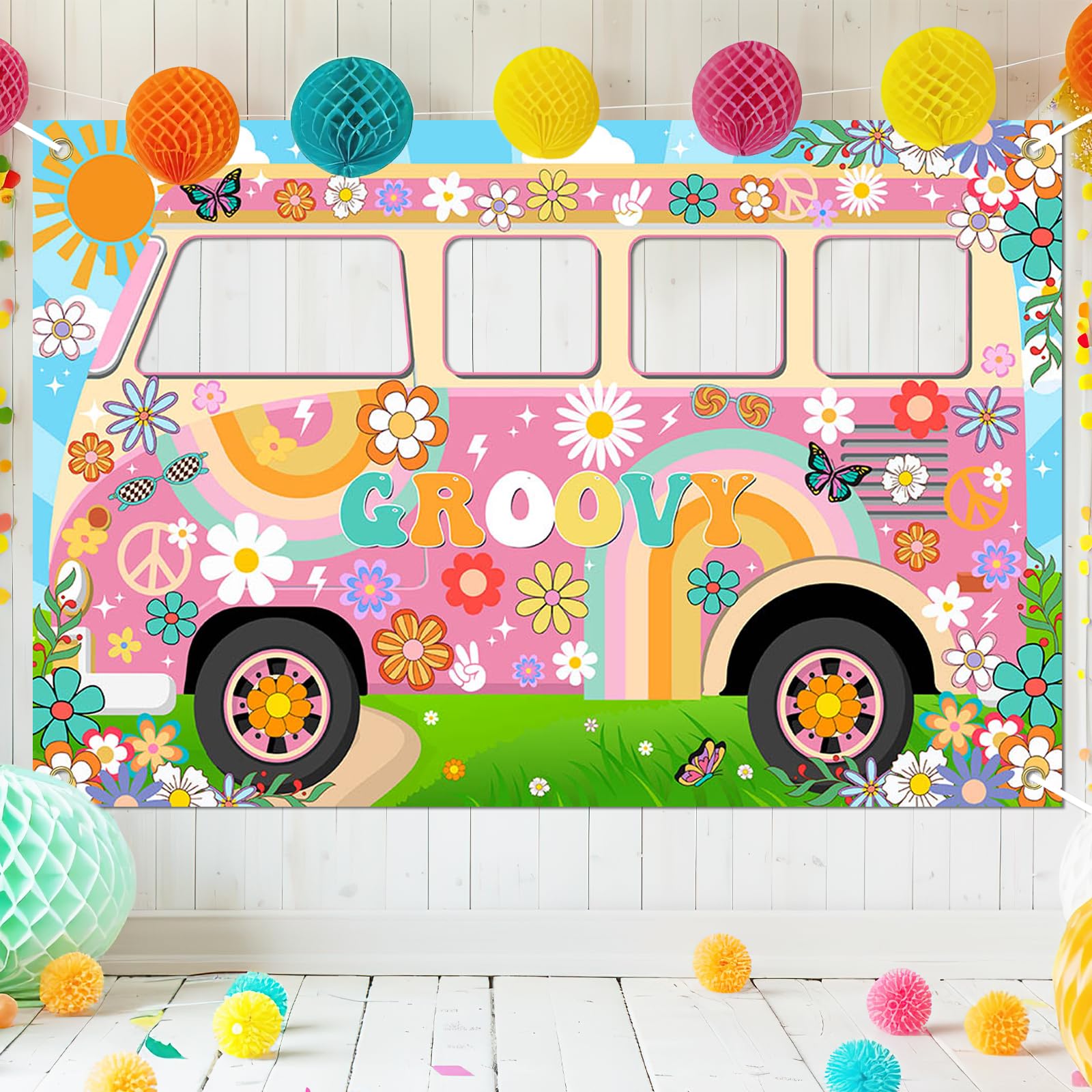 Amazon.com : Lecheme Hippie Party Decorations Groovy Bus Backdrop Face ...