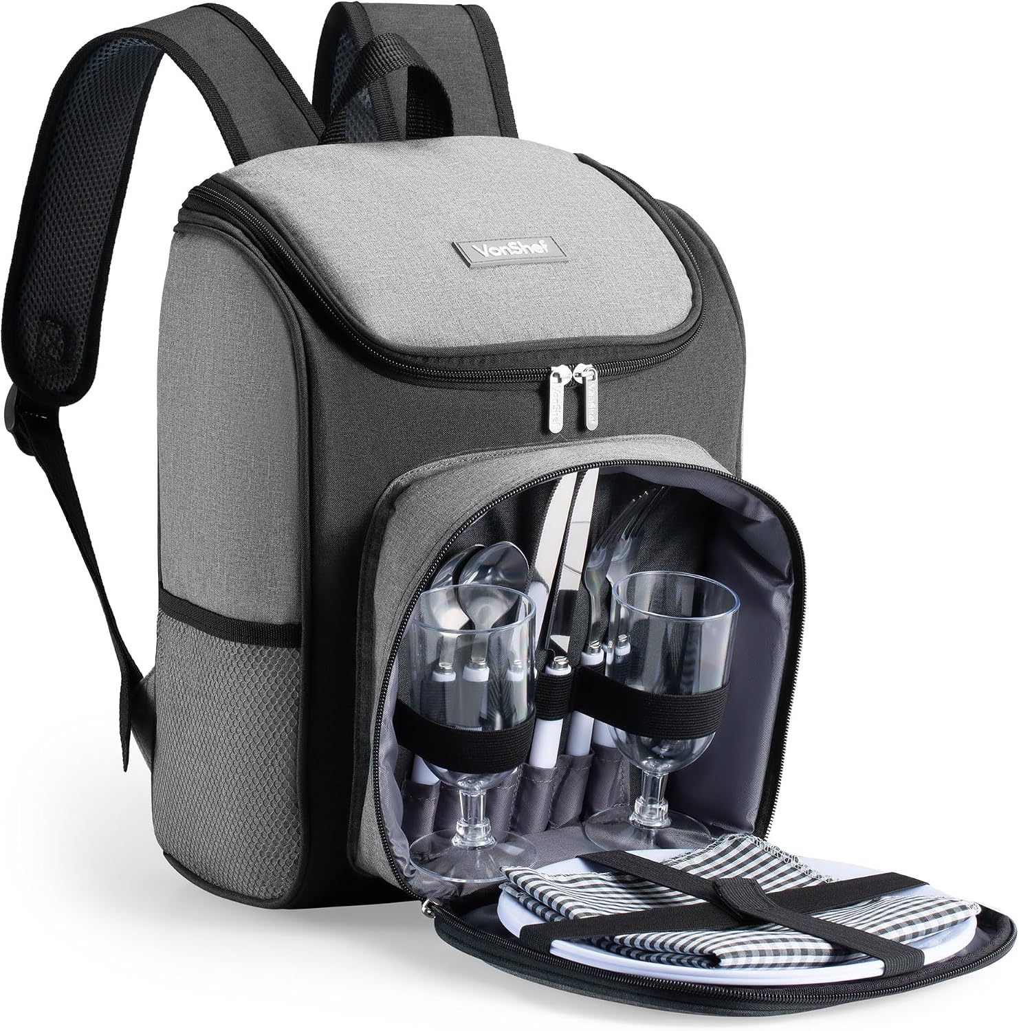 VonShef Picnic Backpack, 2 Person Grey Picnic Hamper with Dining ...