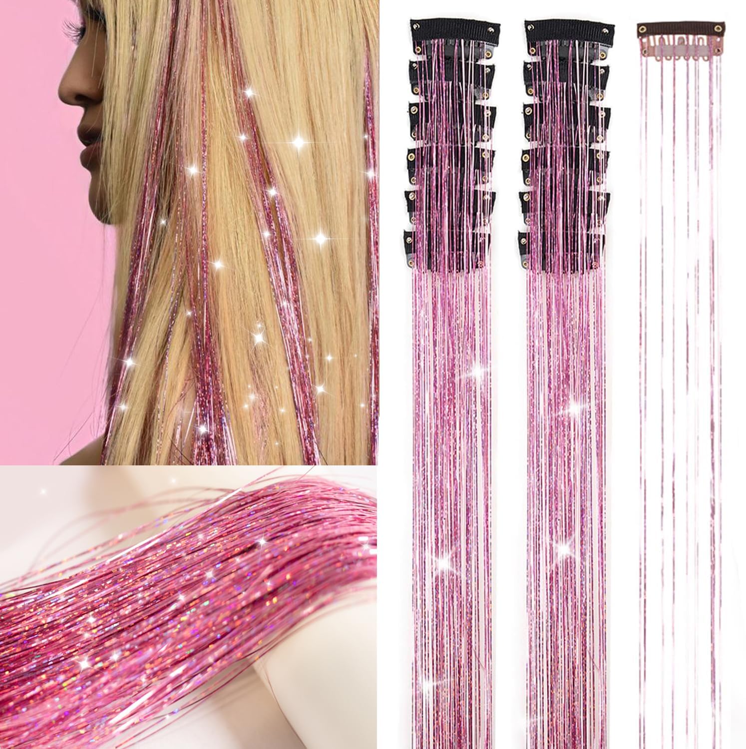 Amazon.com : 10Pcs Clip in Hair Extensions Tinsel Kit,19.6 Inch Rainbow ...