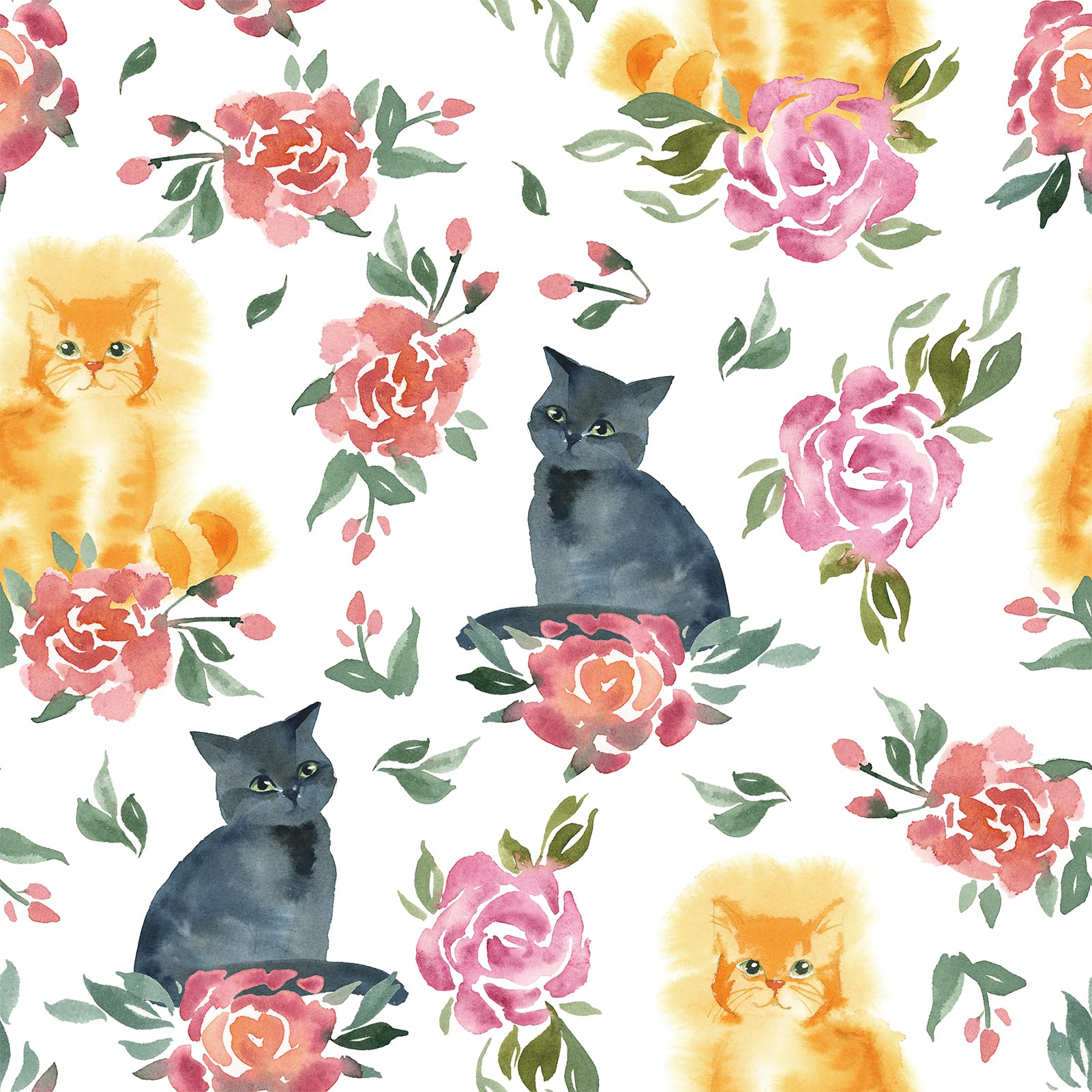 Mangoloo Cat Wallpaper Watercolor Floral Wallpaper Stick on Wallpaper ...