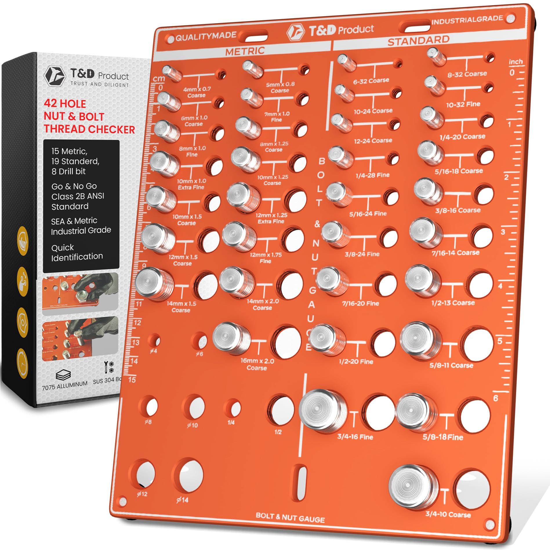 T&D 42 Holes Nut and Bolt Thread Checker inch & Metric with 8 Drill bit ...