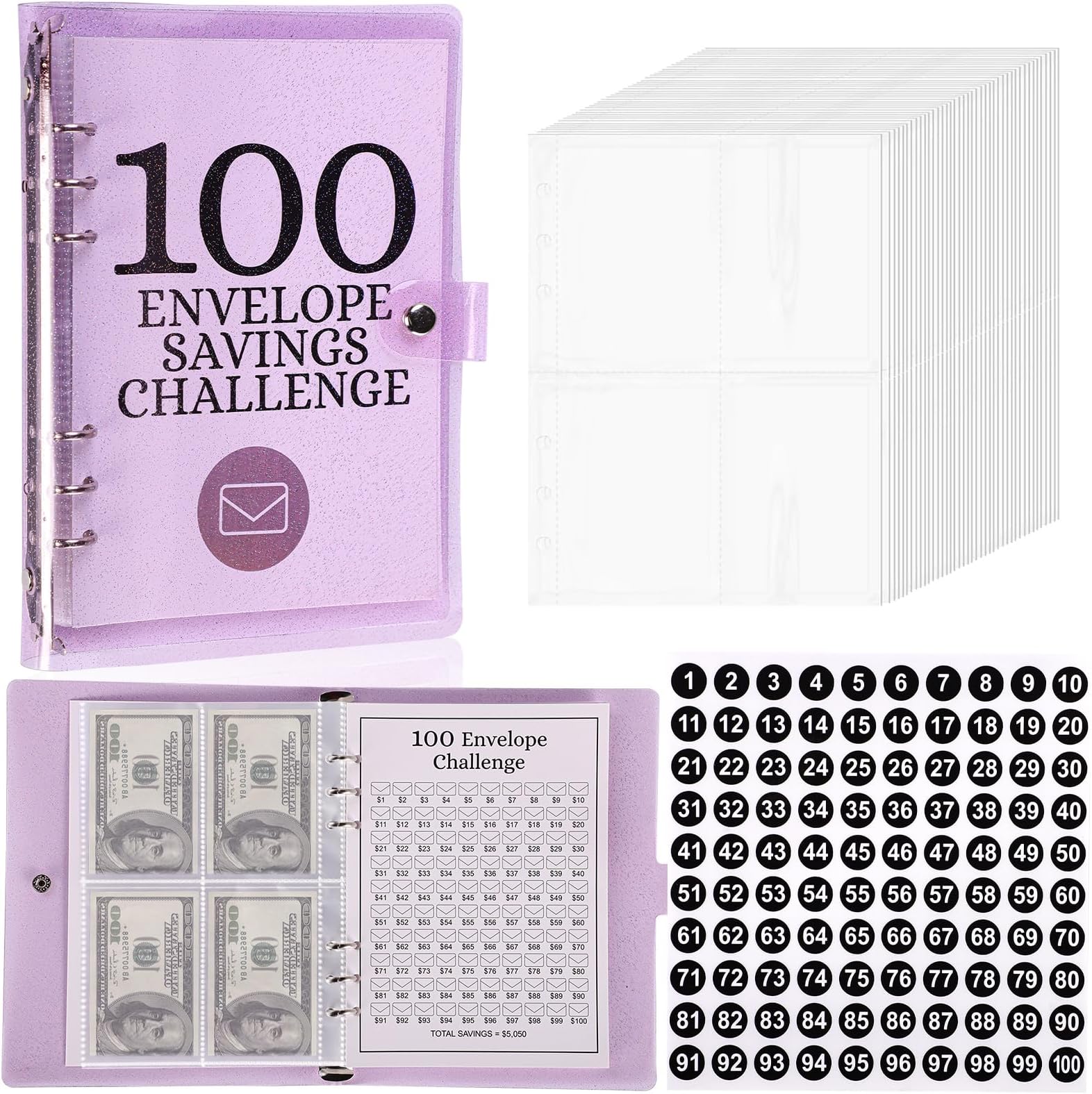 Fychuo 100 Envelopes Saving Challenge Binder Purple Money Saving Wallet ...