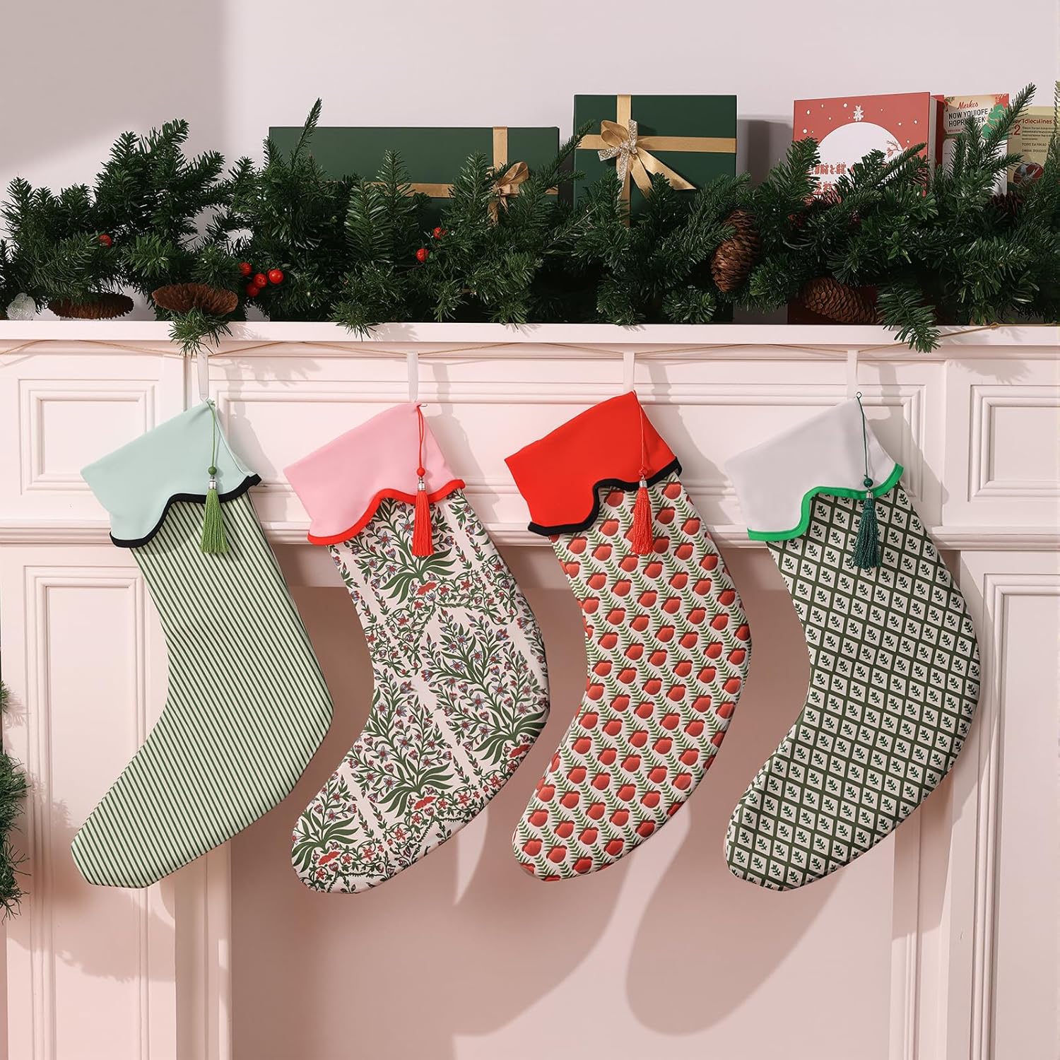 Amazon.com: 4 Pack Christmas Stockings Green Red Block Print Holiday ...