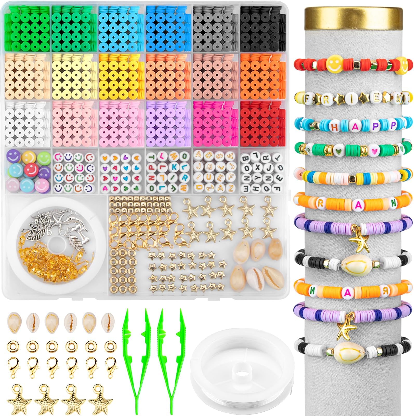 4000PCS Clay Beads for Bracelet Making Kit, with Elastic String and ...