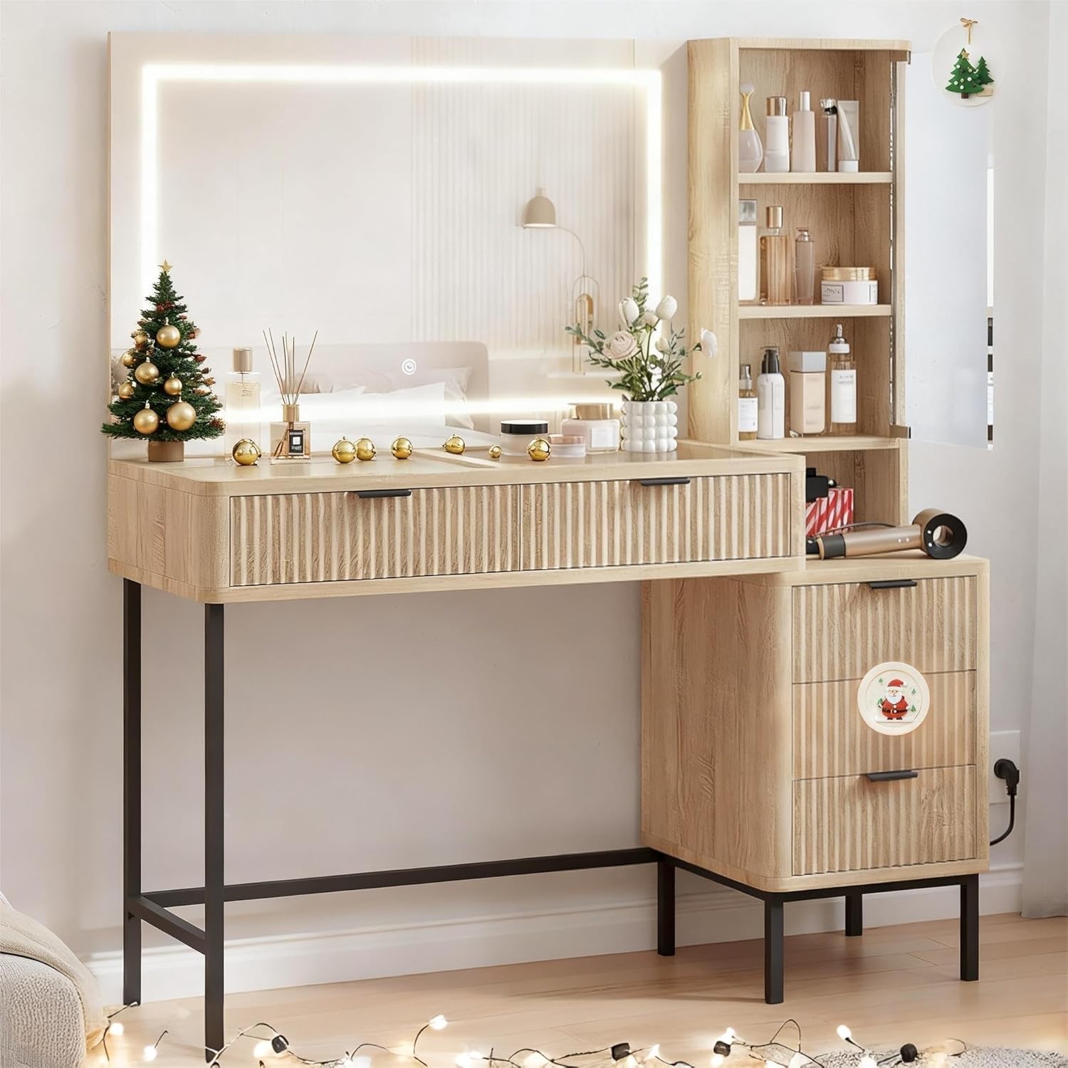 EROMMY 48" Fluted Makeup Vanity Desk with 36" Large Mirror and Lights ...