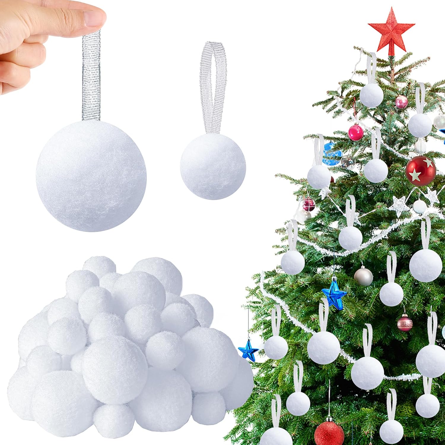 Amazon.com: 36 Pieces Christmas Tree Snowballs Ornaments 2 Sizes White ...
