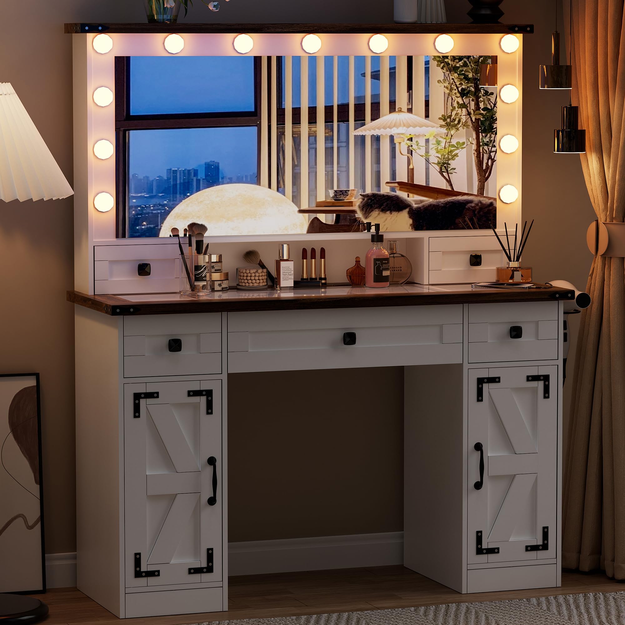 Amazon.com: Vabches Vanity Desk with Mirror and Lights,Glass Top,Makeup ...