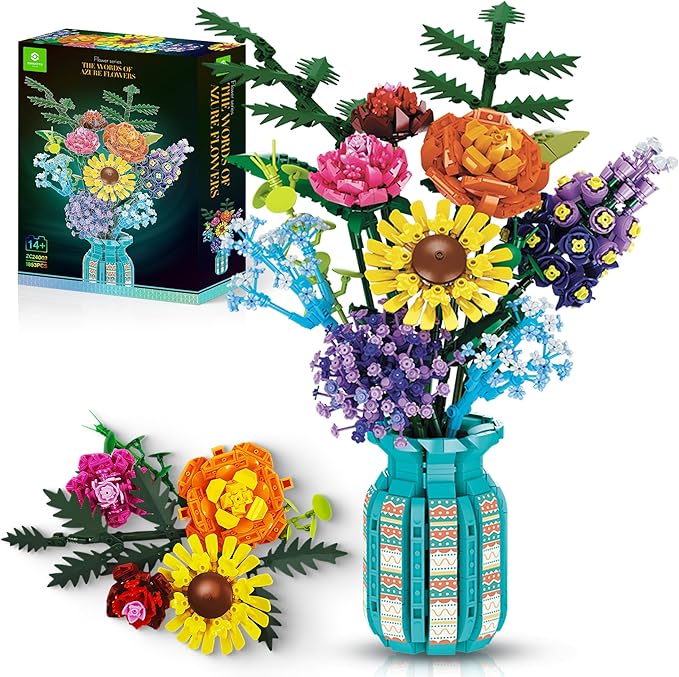 Amazon.com: ZONECYTD Flowers Bouquet Toys Building Blocks Set with Vase ...