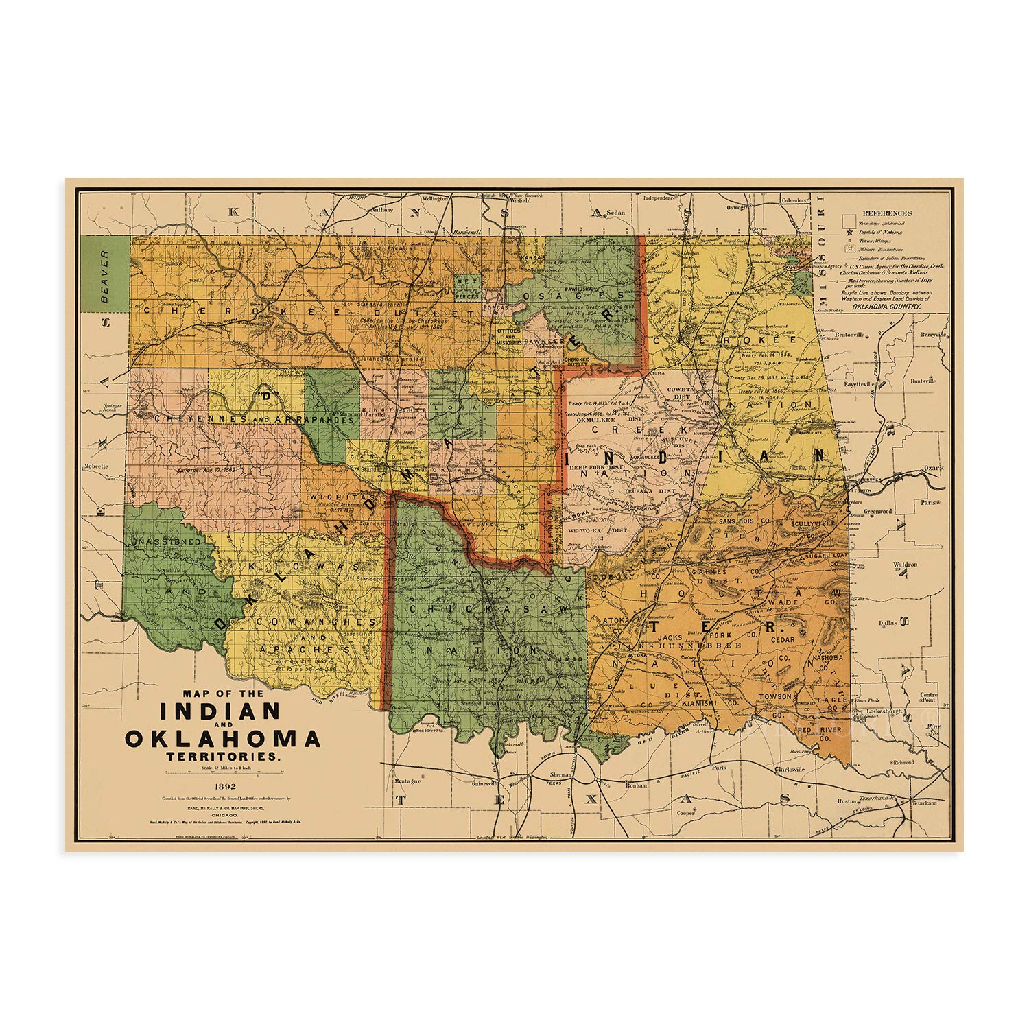 Old Map Of Oklahoma Indian Territory 1892 Vintage Maps Kurdistan.: