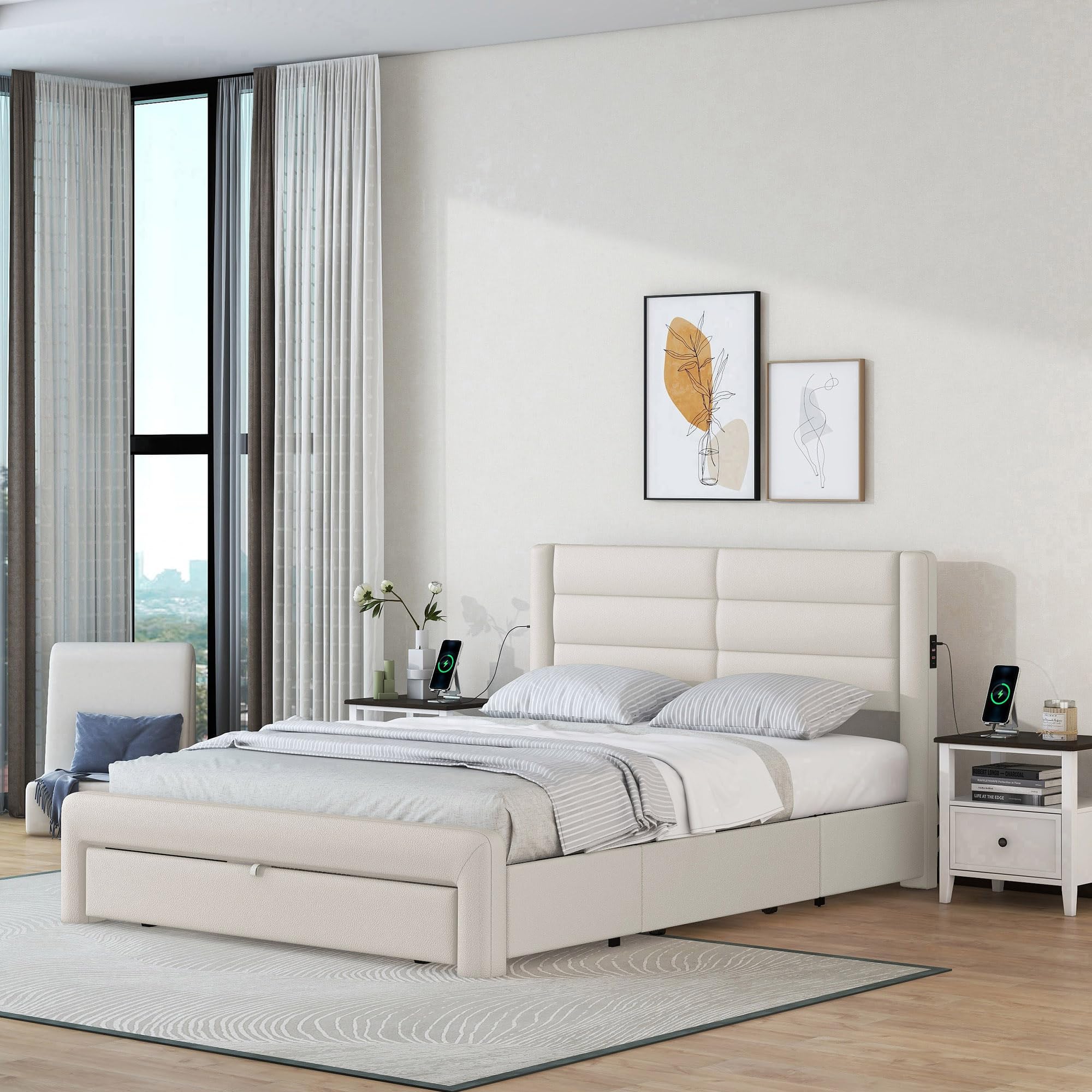 Amazon.com: Queen Bed Frame with 3 Storage Drawers, Faux Leather ...