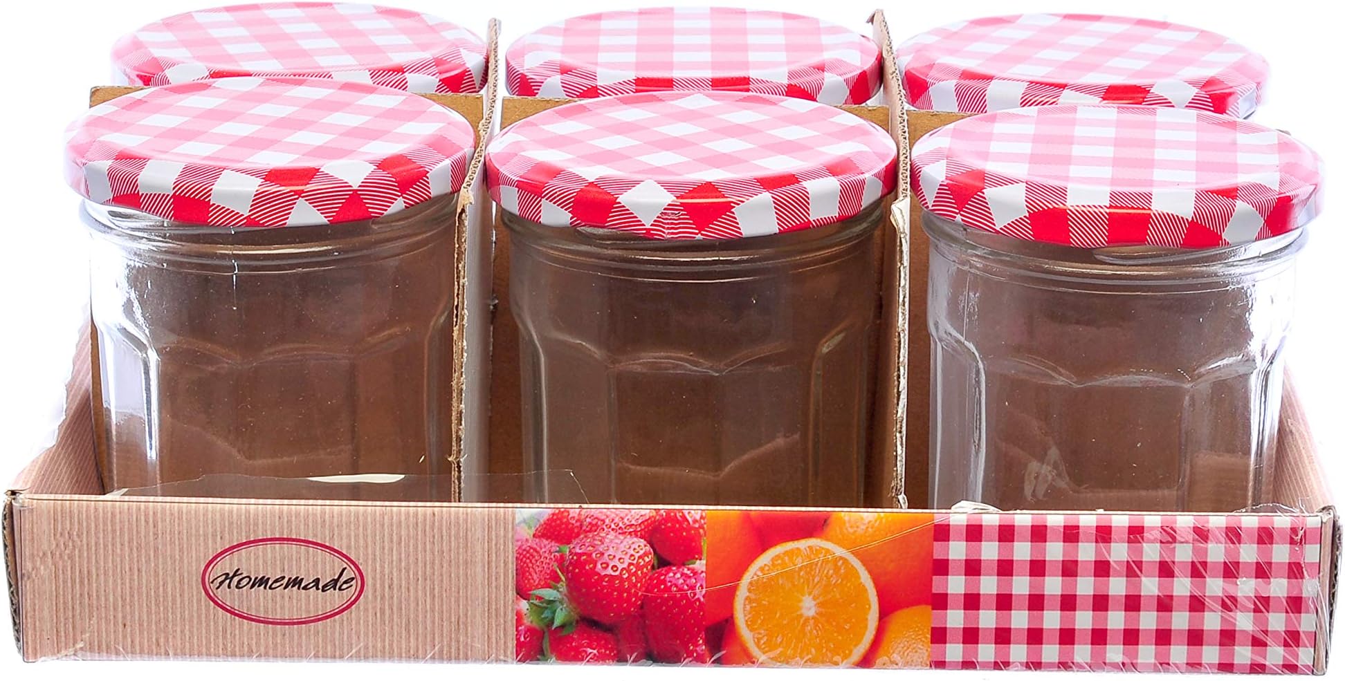 6 x Clear Glass Preserving Jam Jars - Red & White Gingham Lids - for ...