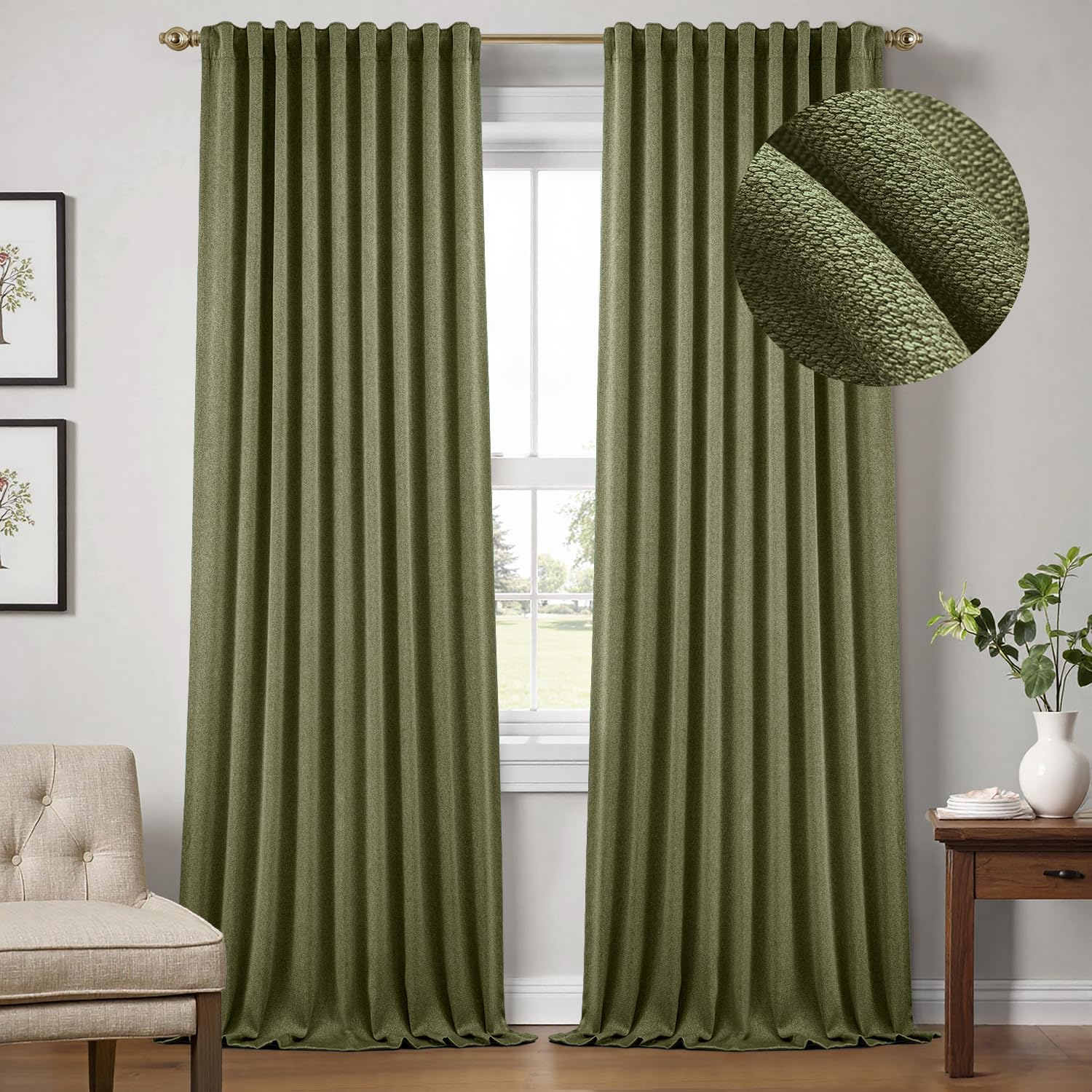 Amazon.com: MIULEE Olive Green Faux Linen Blackout Curtain 96 Inch Long ...