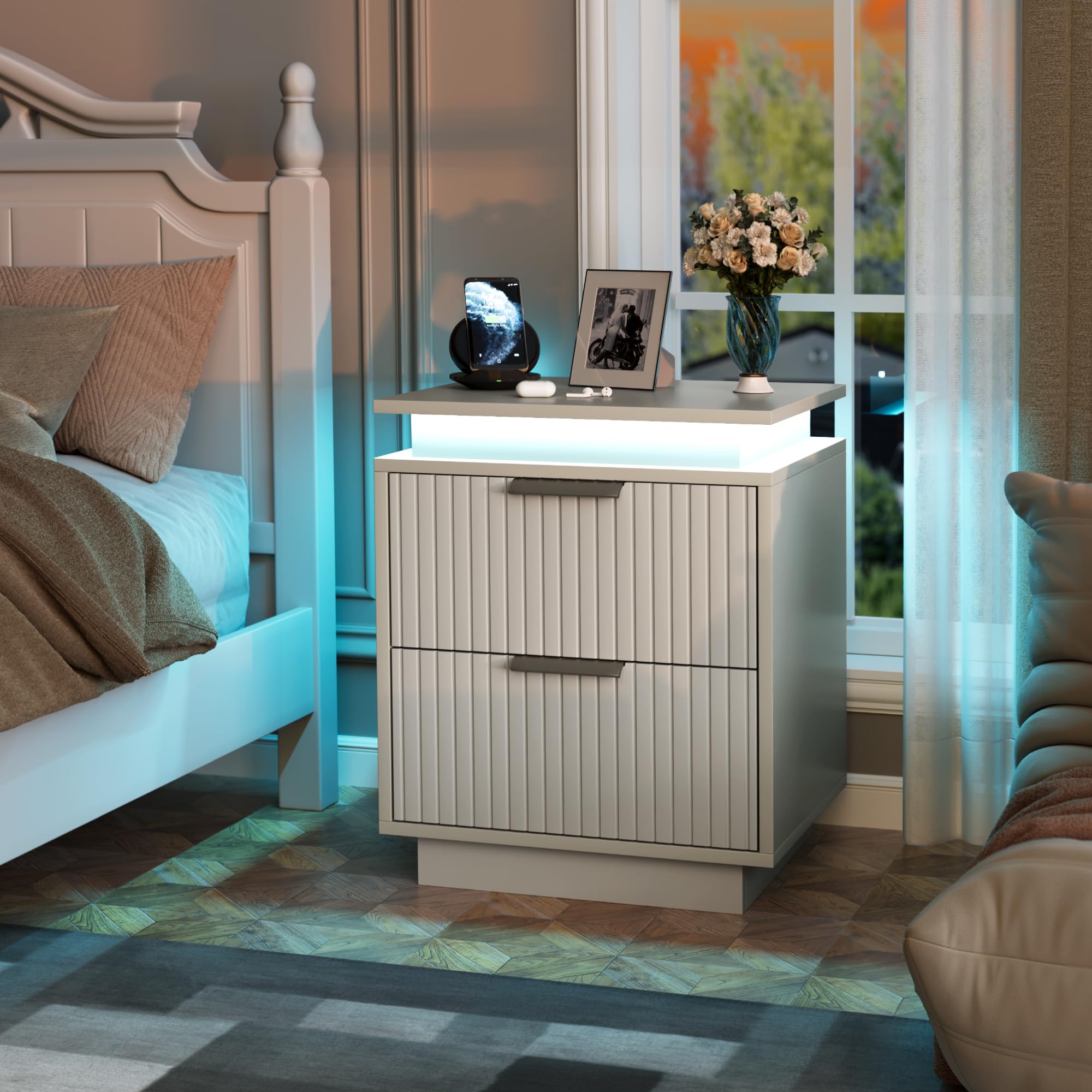 Amazon.com: YESHOMY Nightstand with LED Lights, End Table with 2 ...