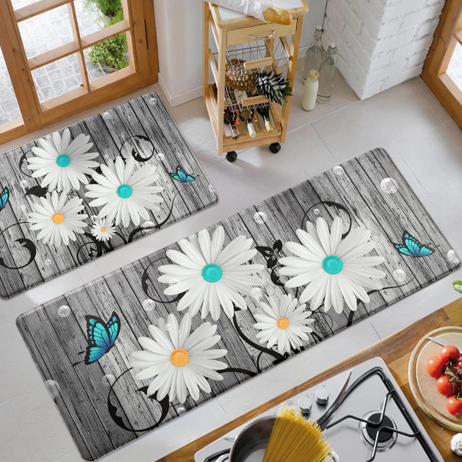 Amazon.com: FRAMICS Farmhouse Kitchen Rugs Set of 2 Wood Grain Daisy ...