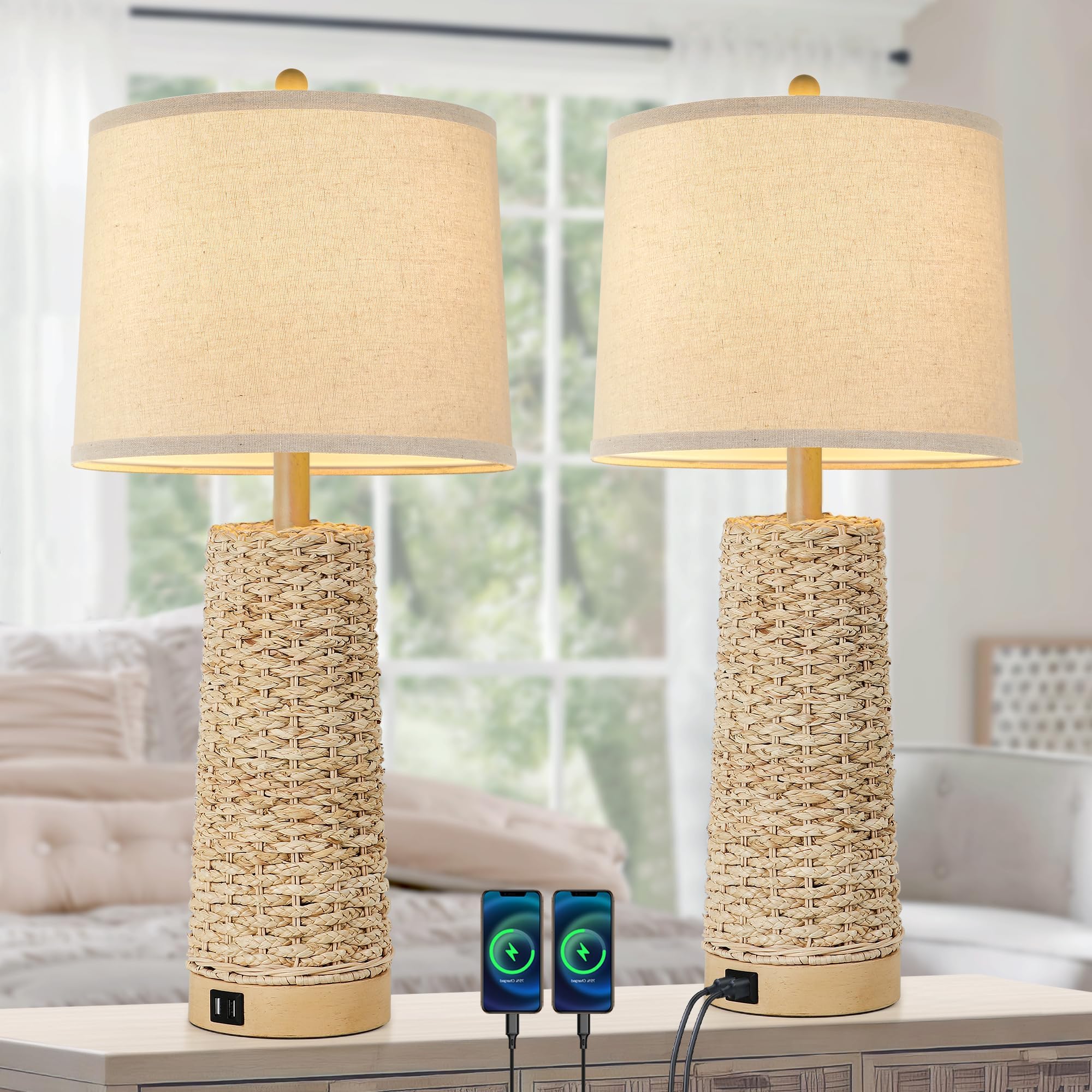 AUZONIMICS Rattan Table Lamp Set of 2, 27 inch Large Wicker Table Lamp ...