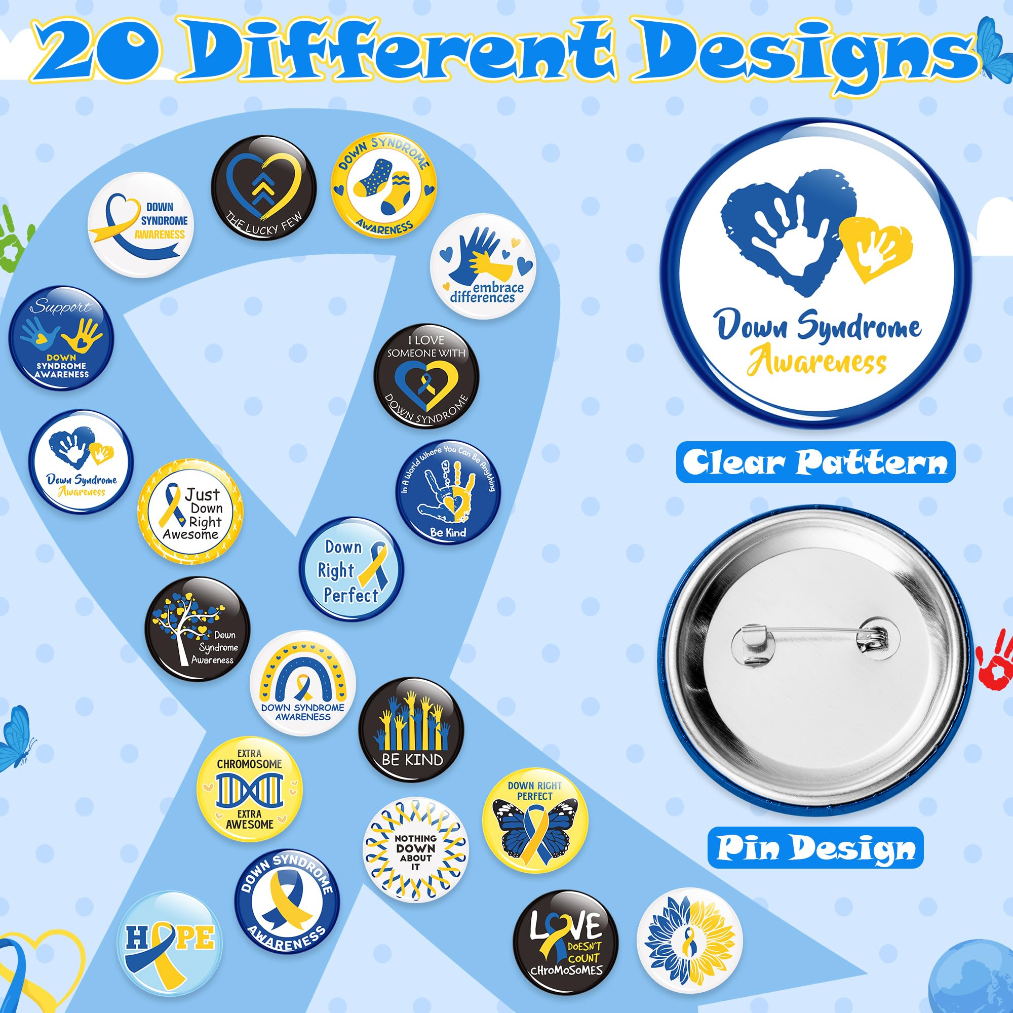 Snapklik.com : 40Pcs Down Syndrome Awareness Button Pins - Blue Yellow ...