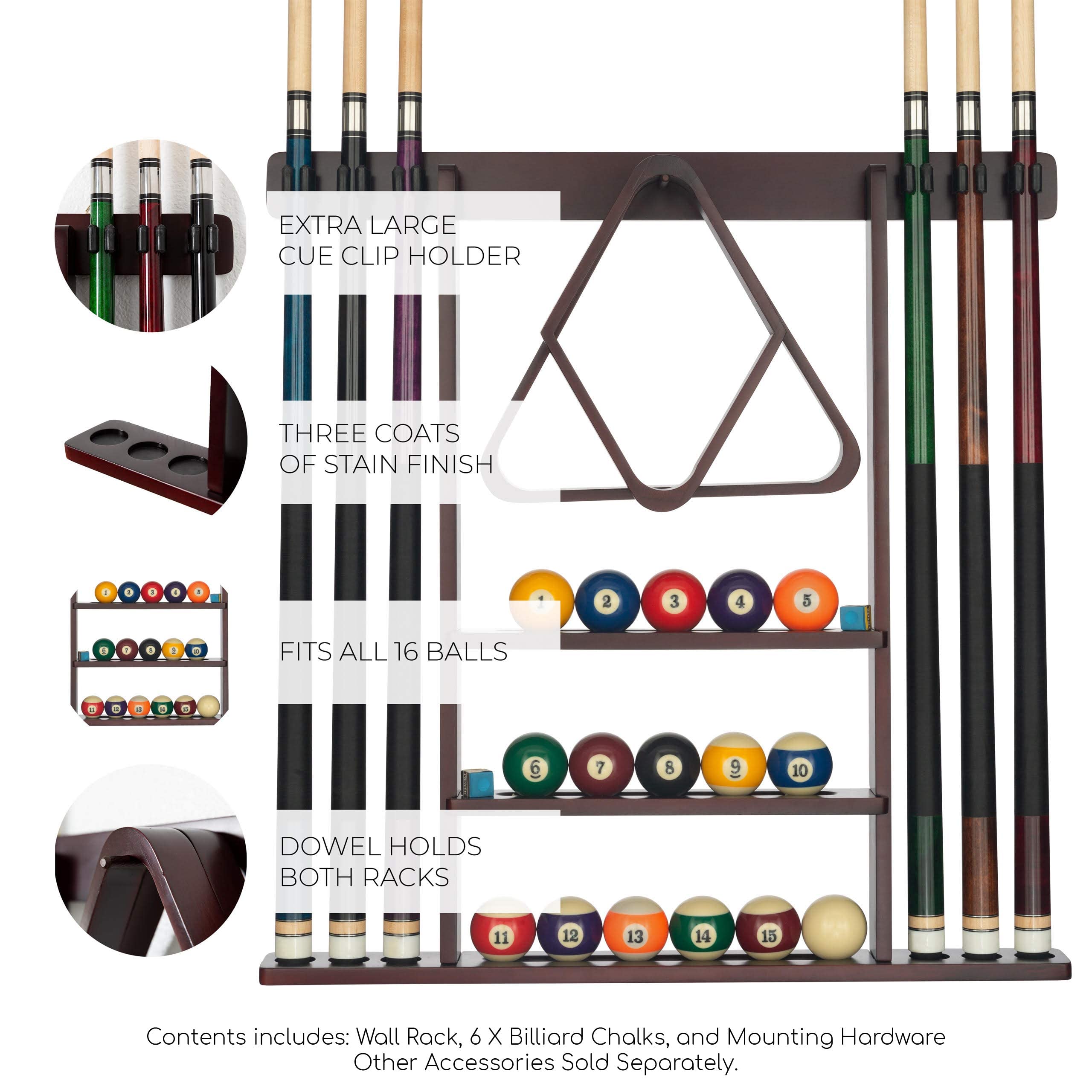 Billiards Xpress Pool Cue Rack - Pool Stick Holder Wall Mount With 16 ...