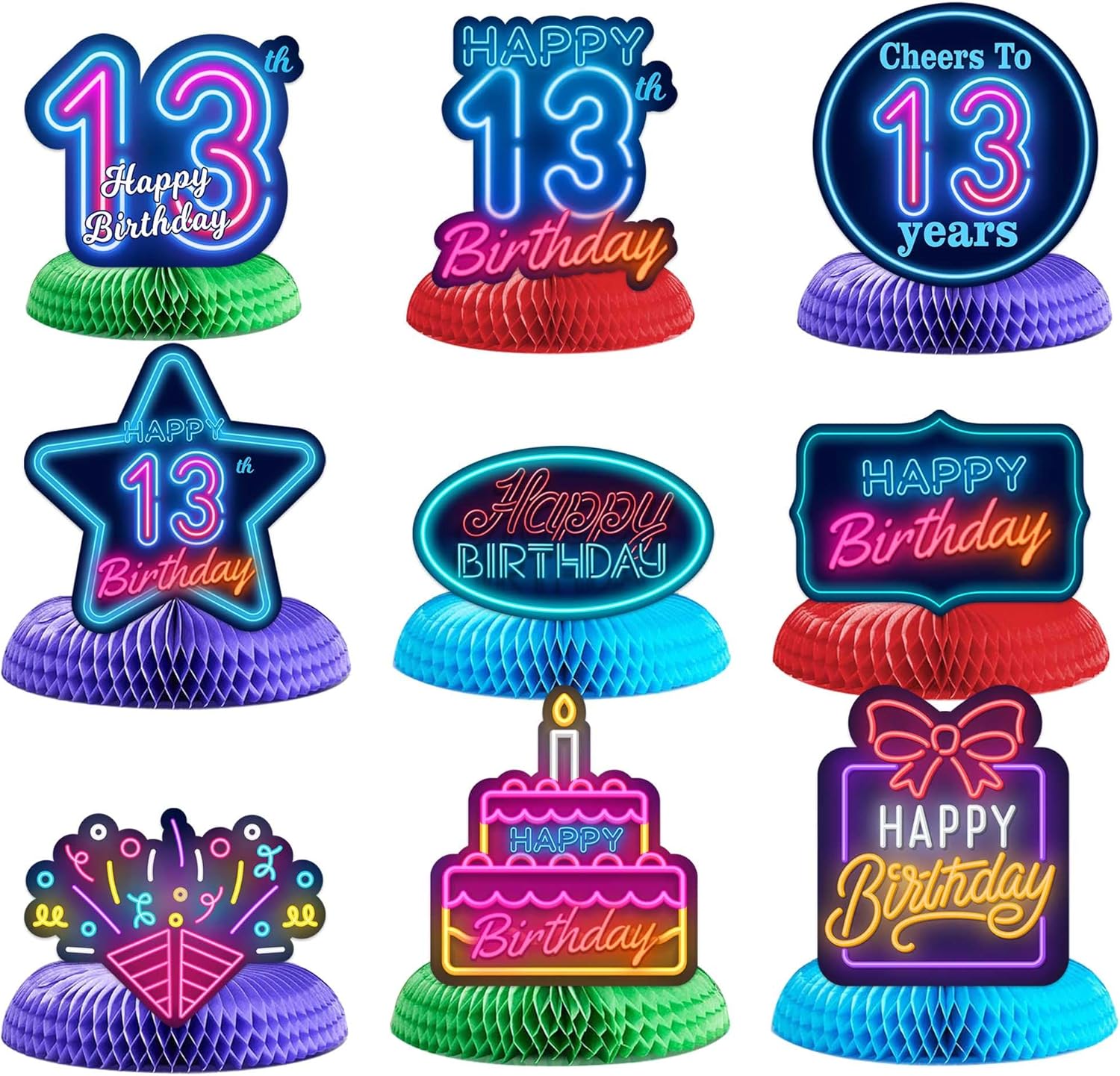 Amazon.com: Happy 13th Birthday Neon Glow Theme Table Honeycomb ...