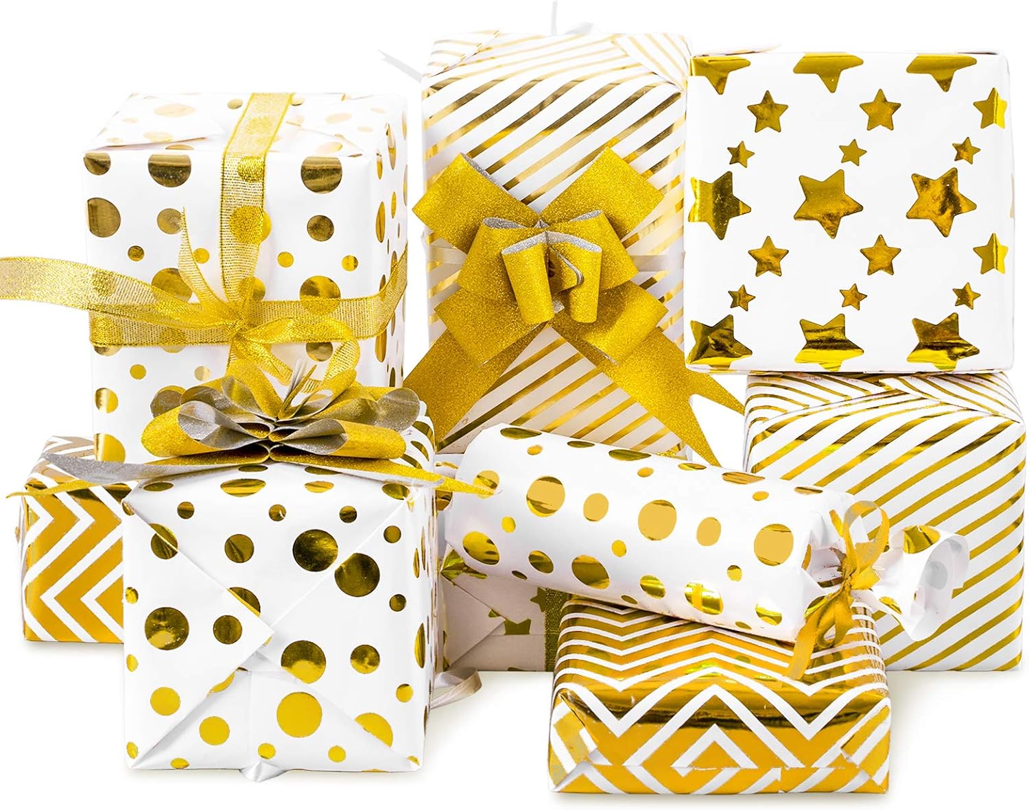Amazon.com: Whaline Gold Star Stripe Wrapping Paper, 8 Sheet Gold White ...