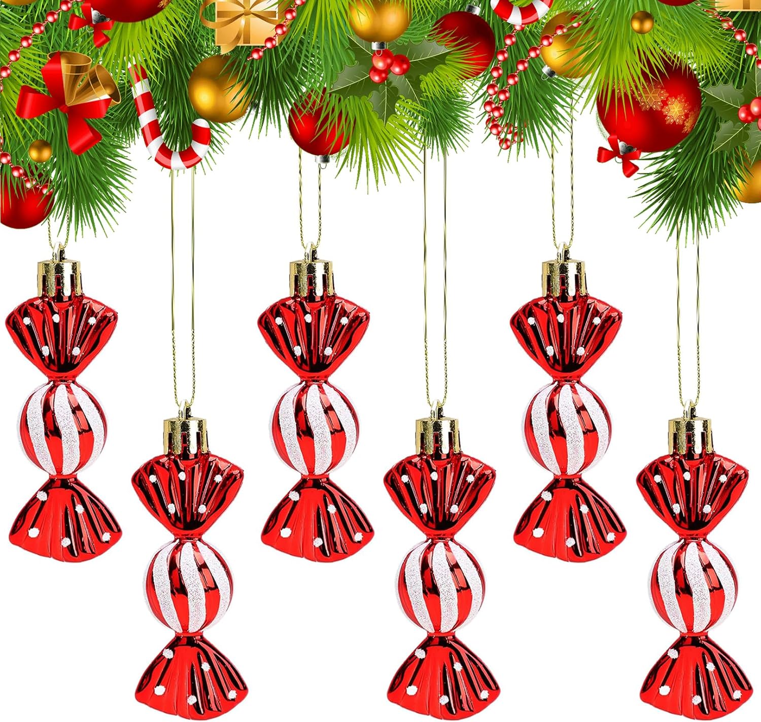 6Pieces Mini Christmas Sweet Shaped Baubles,Red String Hanging ...