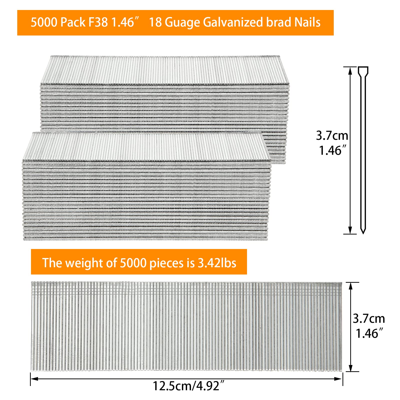 Snapklik.com : 5000 Pack 18 Gauge Brad Nails 1.46 Inch, Galvanized Brad ...