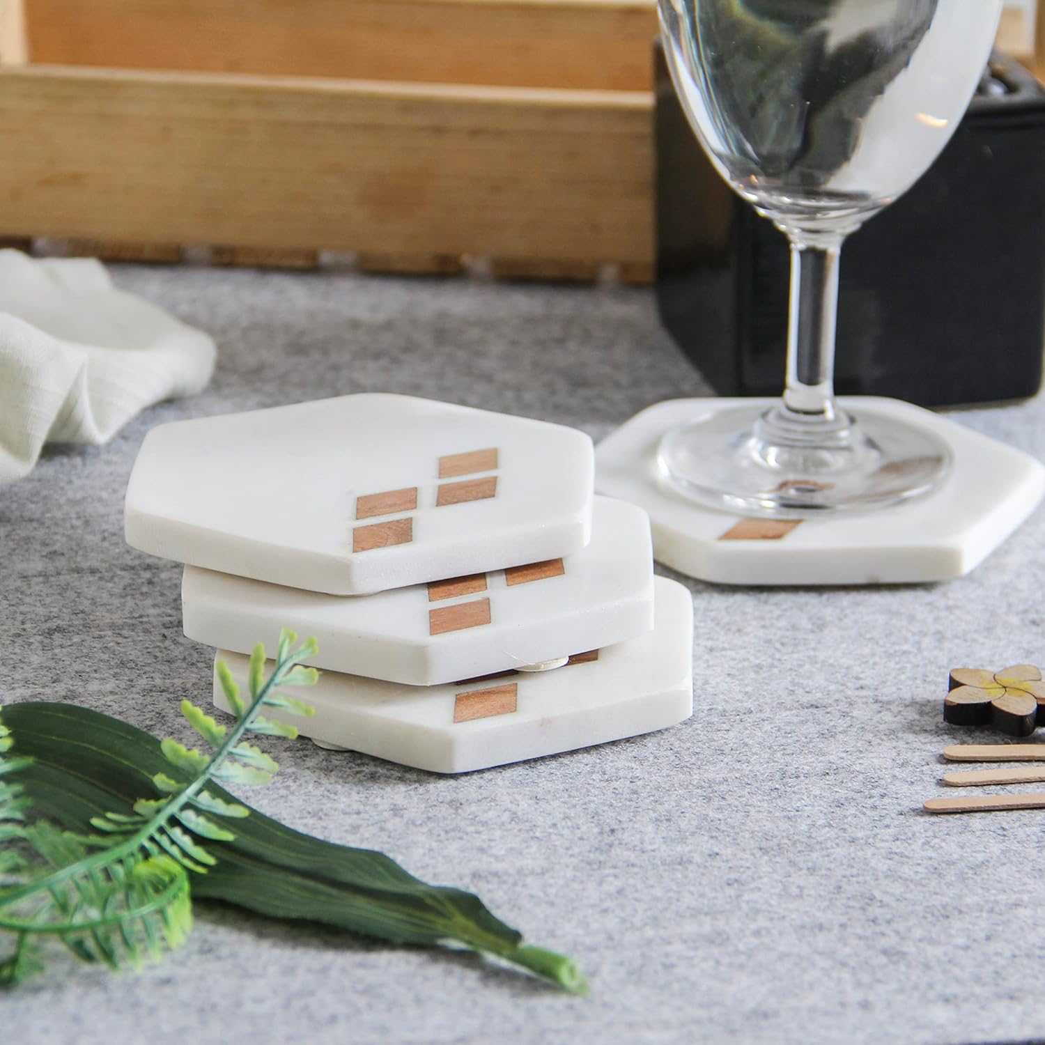 Amazon.com: My Savory Table Hexagon Marble Coasters with Mango Wood ...