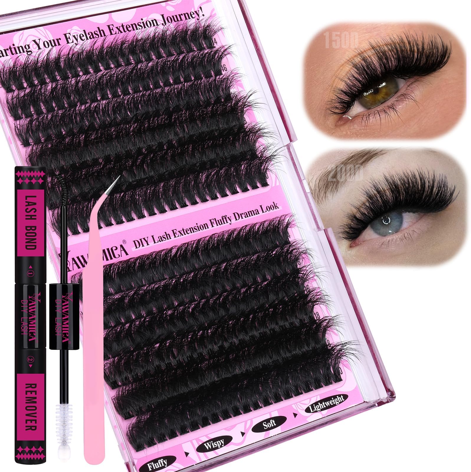 Amazon.com: Yawamica Fluffy Lash Clusters Kit 150D+200D Thick Volume ...