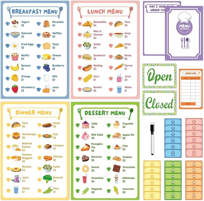 Amazon.com: 36Pcs Pretend Play Restaurant Menus Set for Kids Kitchen ...