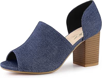Amazon.com | Perphy Denim Peep Toe Chunky Heels Wide Heel Blue Slide ...