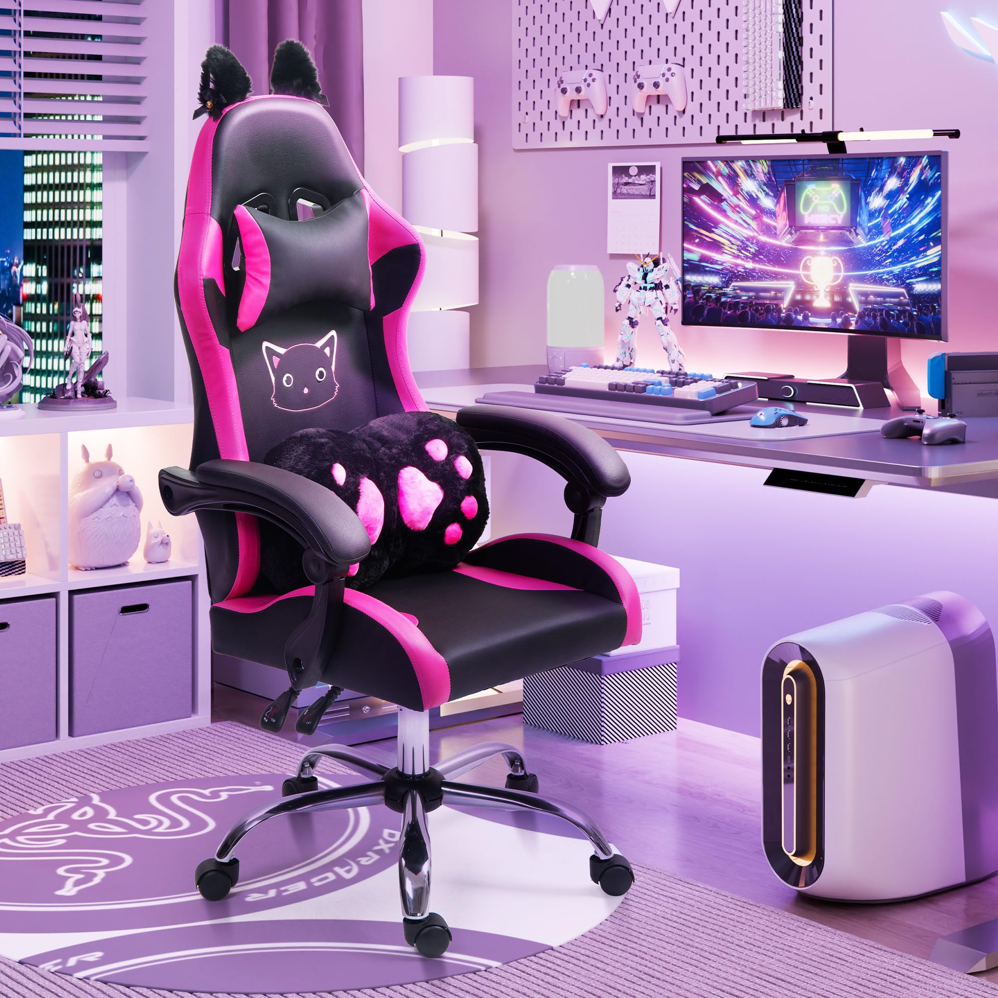 Amazon.com: ALEAVIC Gaming Chair with Cat Paw Lumbar Cushion and Cat ...