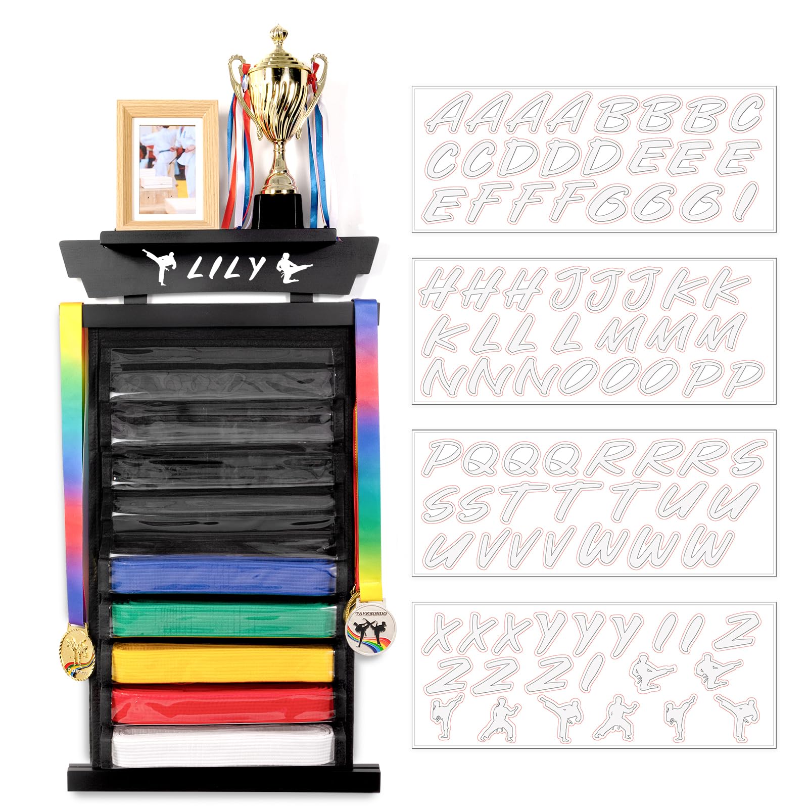 Tilhumt 10 Belts Taekwondo Belt Display with Stickers, Karate Belt ...