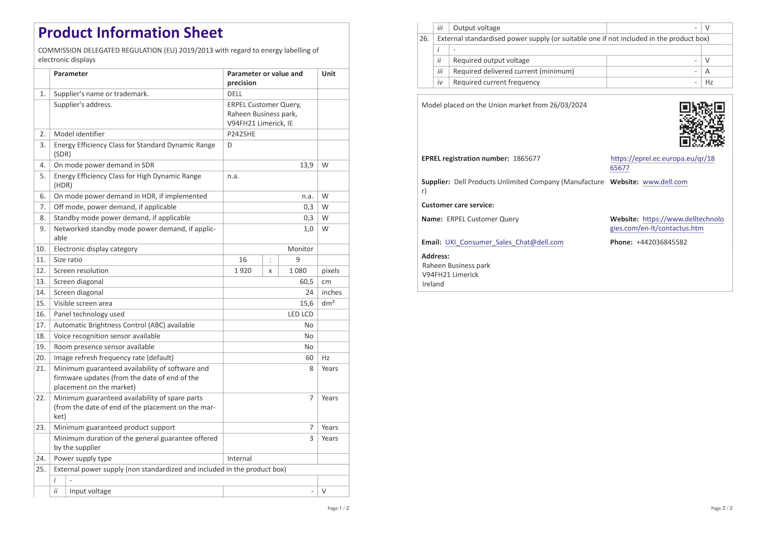 Dell P2425H 24 Inch Full HD (1920x1080) Monitor, 100Hz, IPS, 5ms, 99% ...