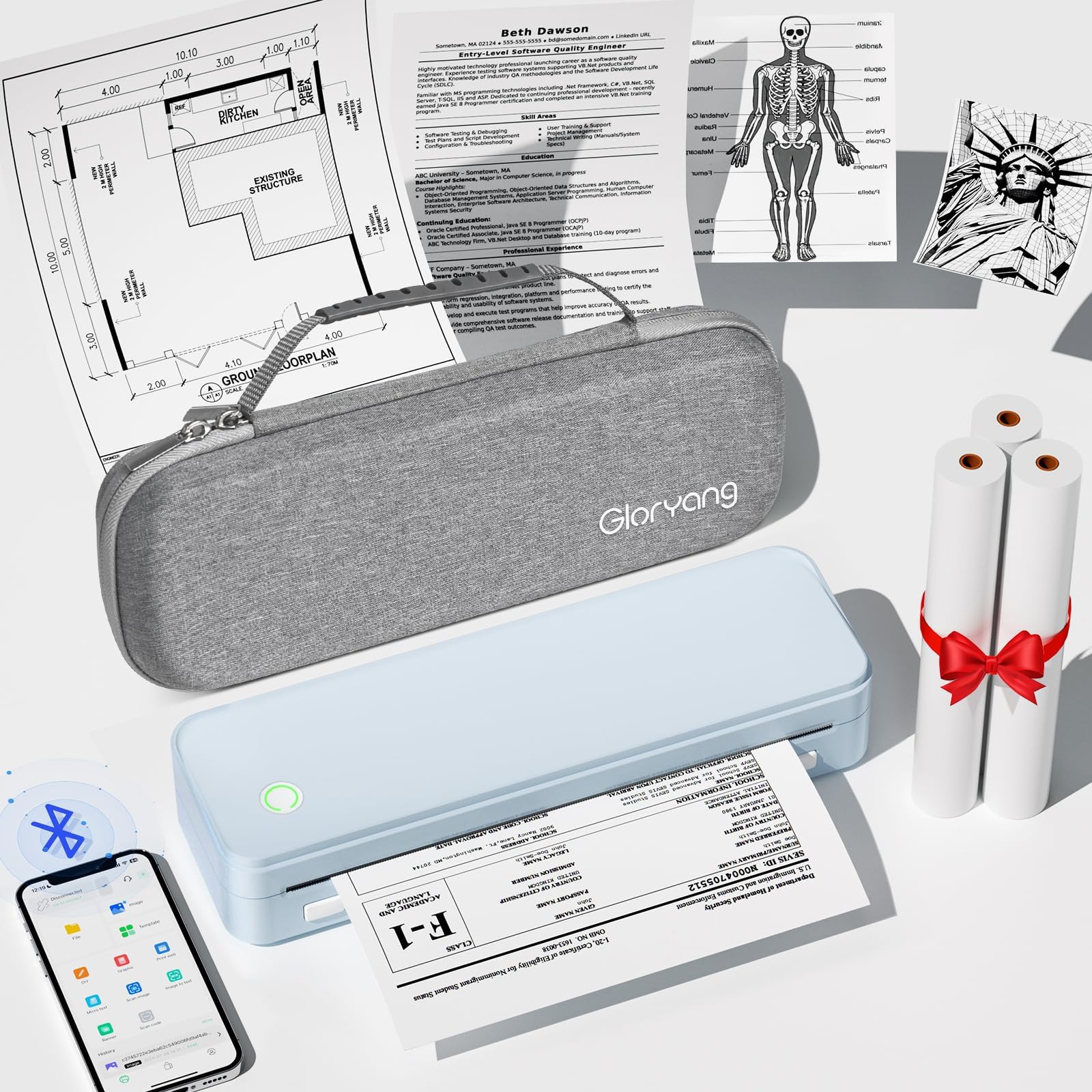 Gloryang Inkless Portable Printer for Travel, Wireless Thermal Printer ...