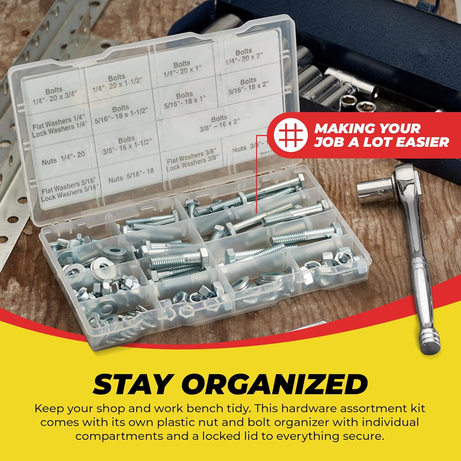 172-Piece Heavy Duty Nut & Bolt Assortment Kit with 9 Popular Sizes in ...