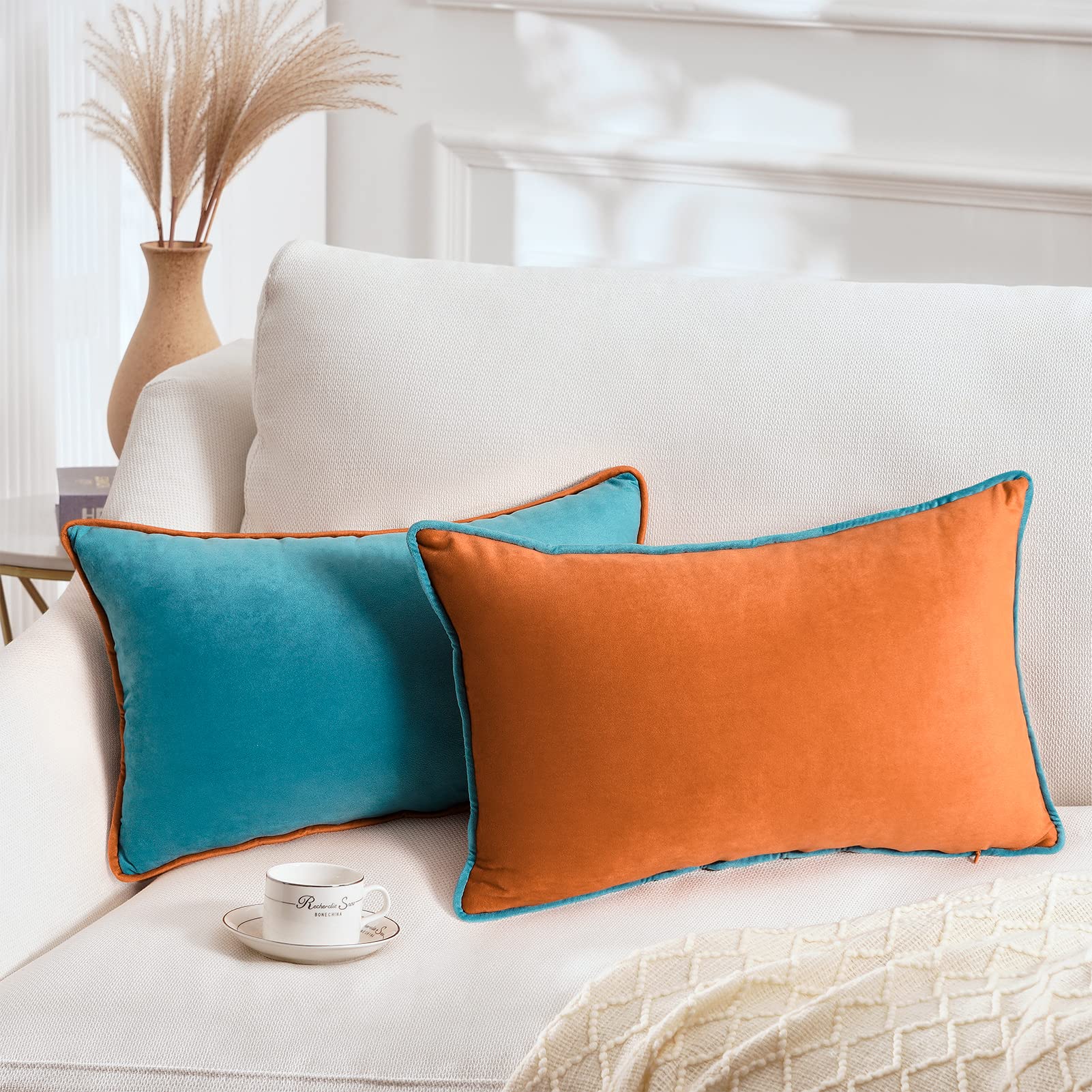 Topfinel Lumbar Throw Pillow Covers 12x20in Set of 2, Orange and Teal ...