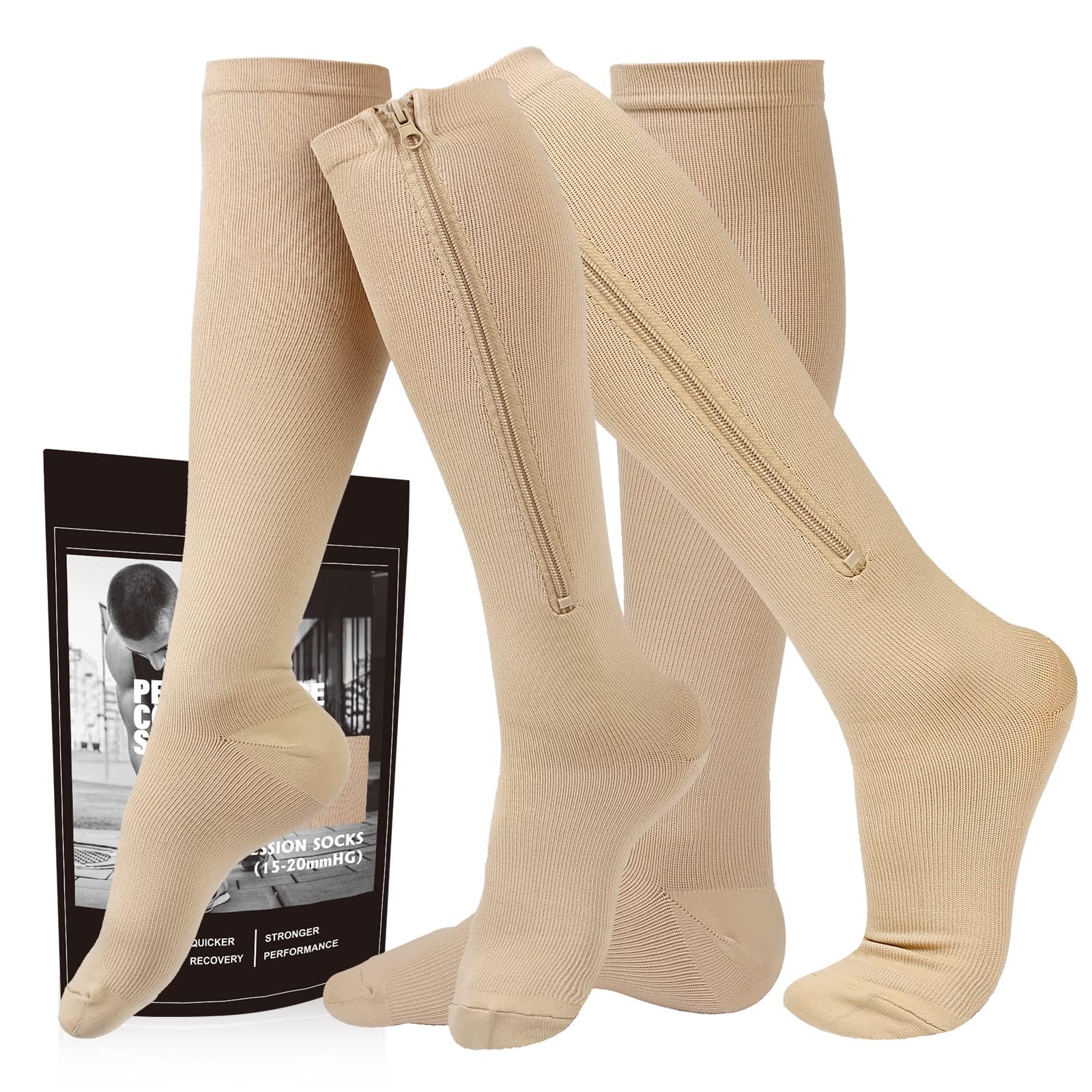 2 Pairs Zipper Compression Socks for Women and Men, 15-20 mmHg Knee ...