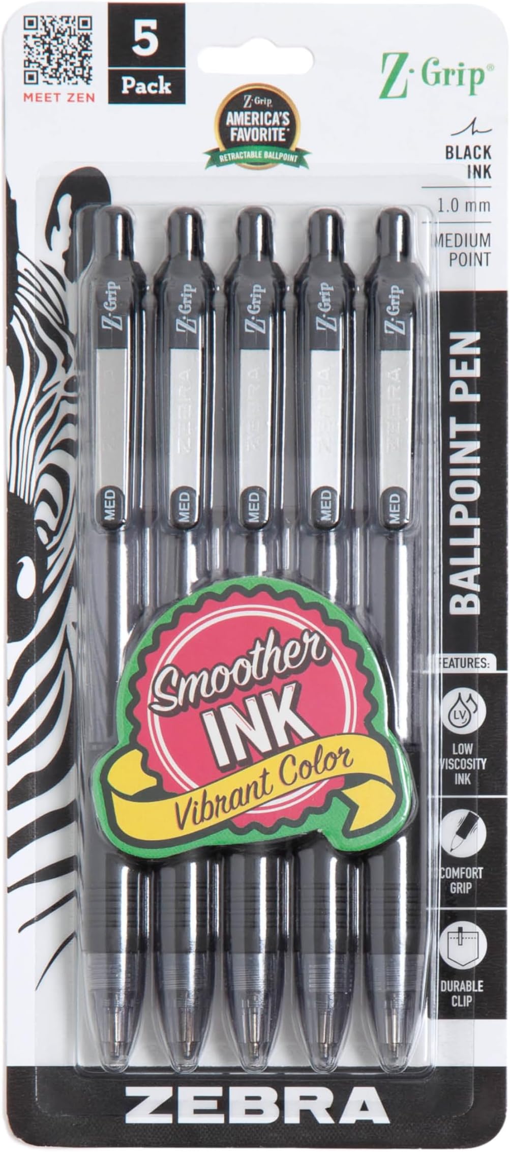 Zebra, Z-Grip Retractable Ballpoint Pen, 1.0mm, Black, 5 Pack (22215 ...