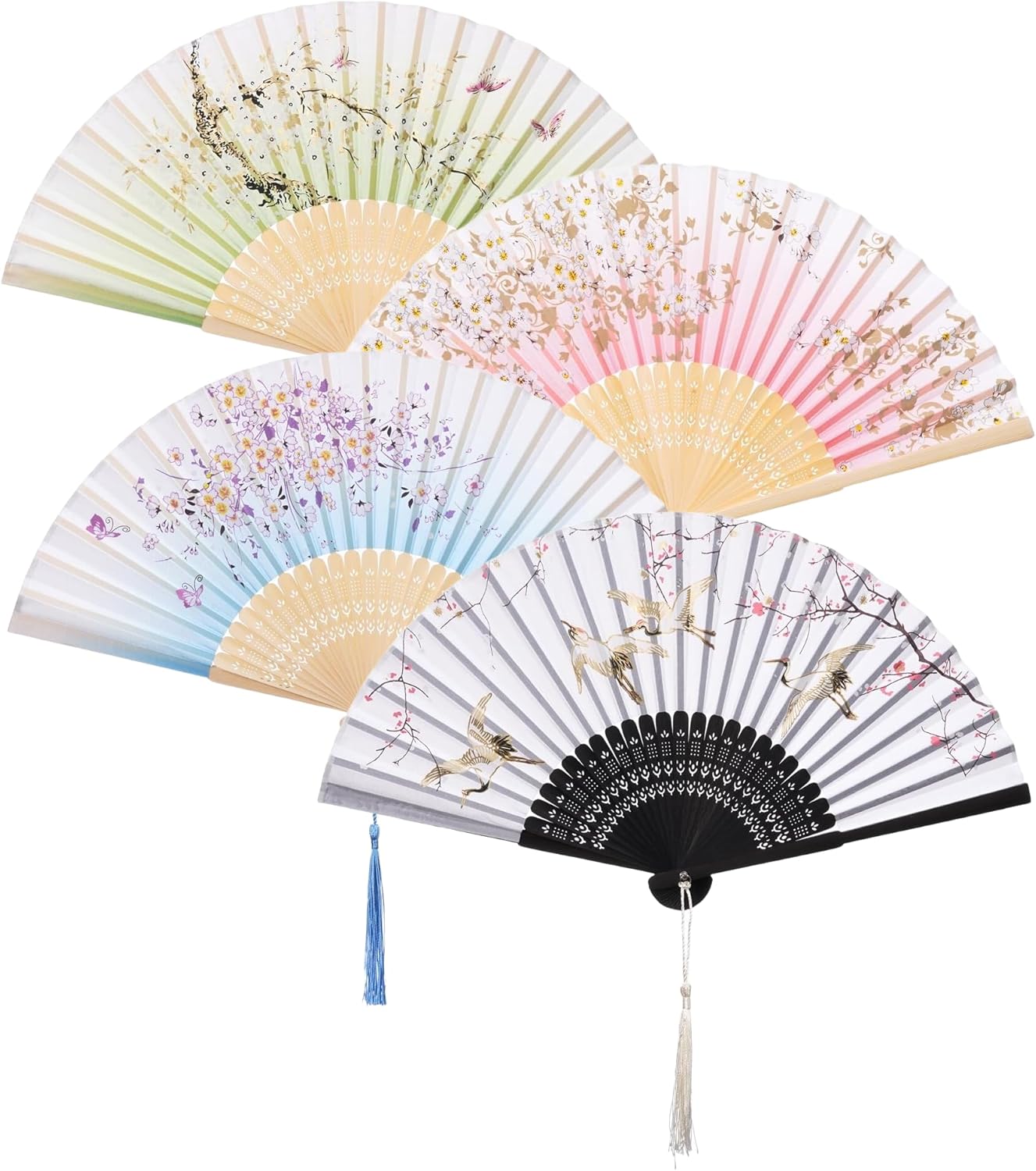 Amazon.com: QIRMIZI 4 Pieces Handheld Fans - Elegant Silk Folding Fans ...