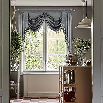 Amazon.com: JADE POKE Gray Velvet Waterfall Valance for Window - Rod ...