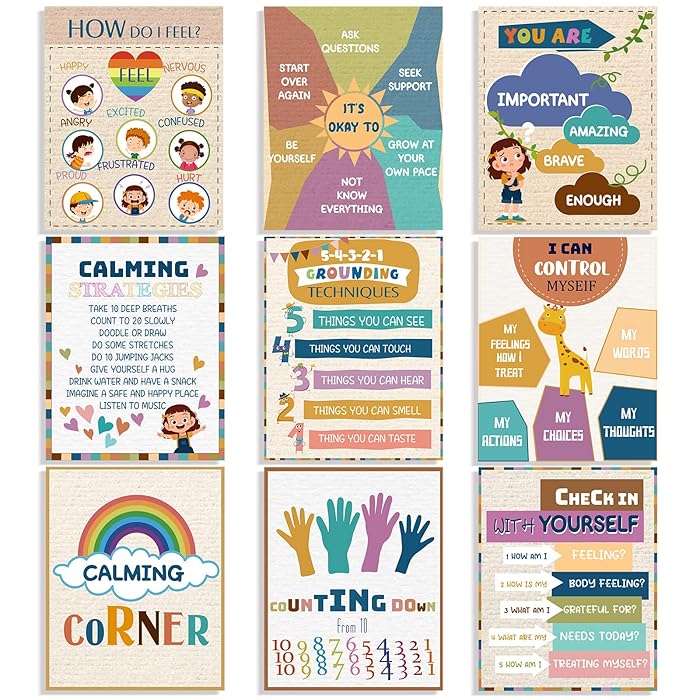 Buy 9 Pieces Calming Corner Posters Sign Set Inspirational Bulletin ...